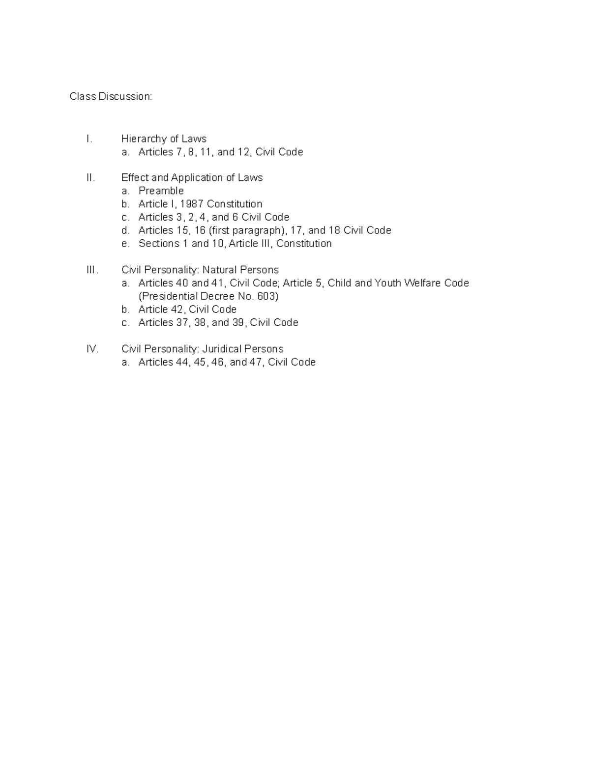 Discussion-No - hi hello law - Class Discussion: I. Hierarchy of Laws a ...