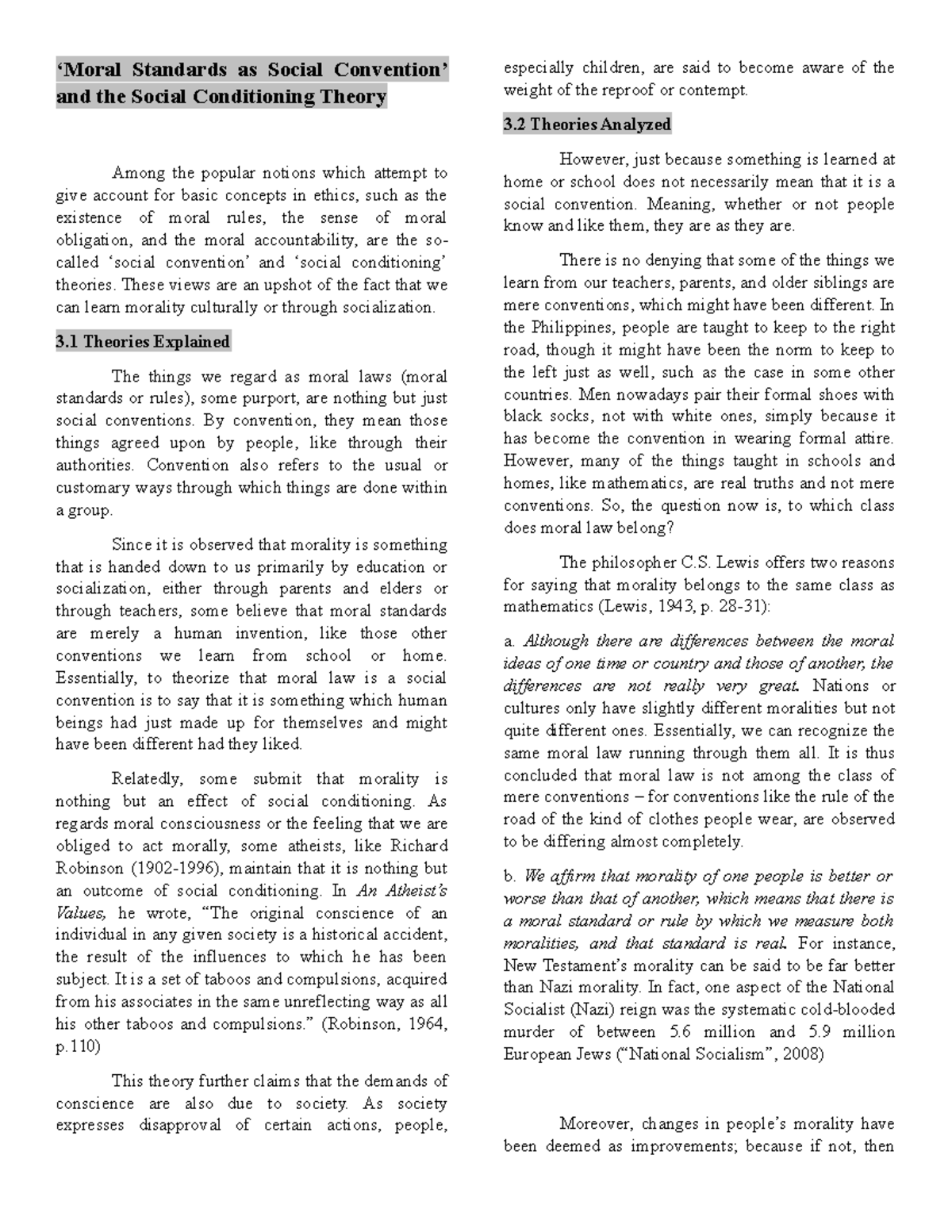 Ethics - Summary of Moral Standards as Social Convention and the Social ...