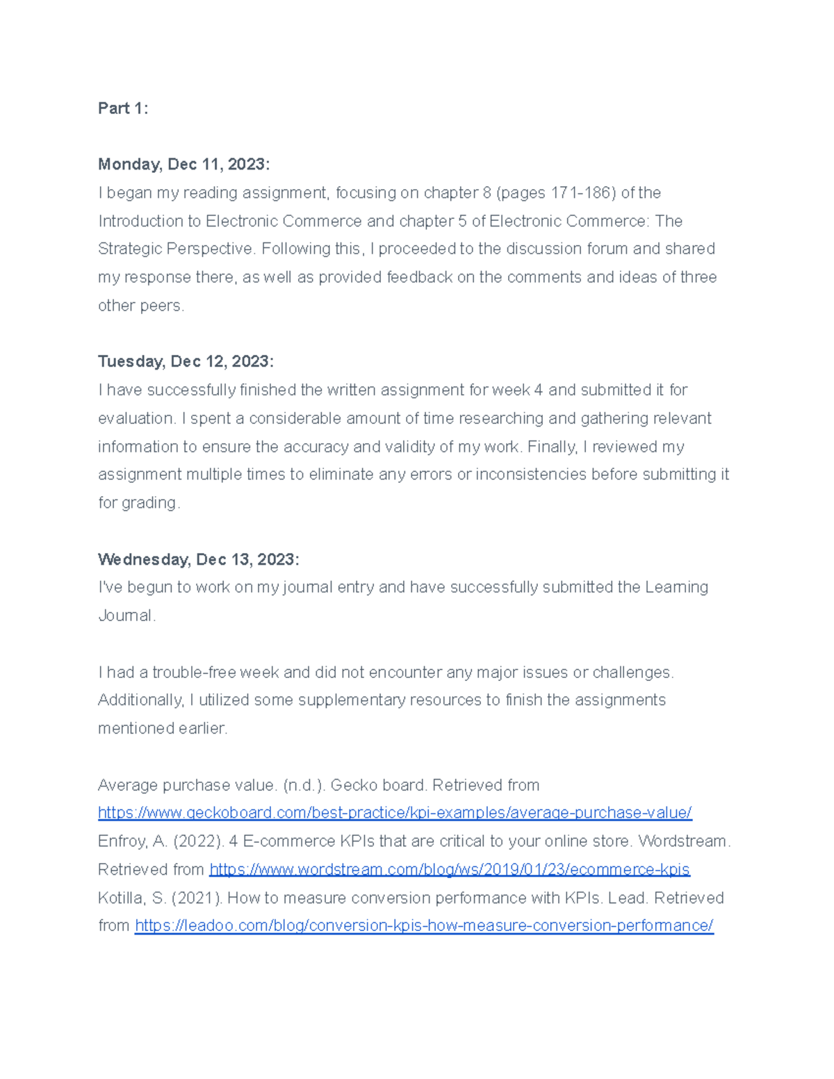 Journal 4 - E commerce - Part 1: Monday, Dec 11, 2023: I began my reading assignment, focusing ...