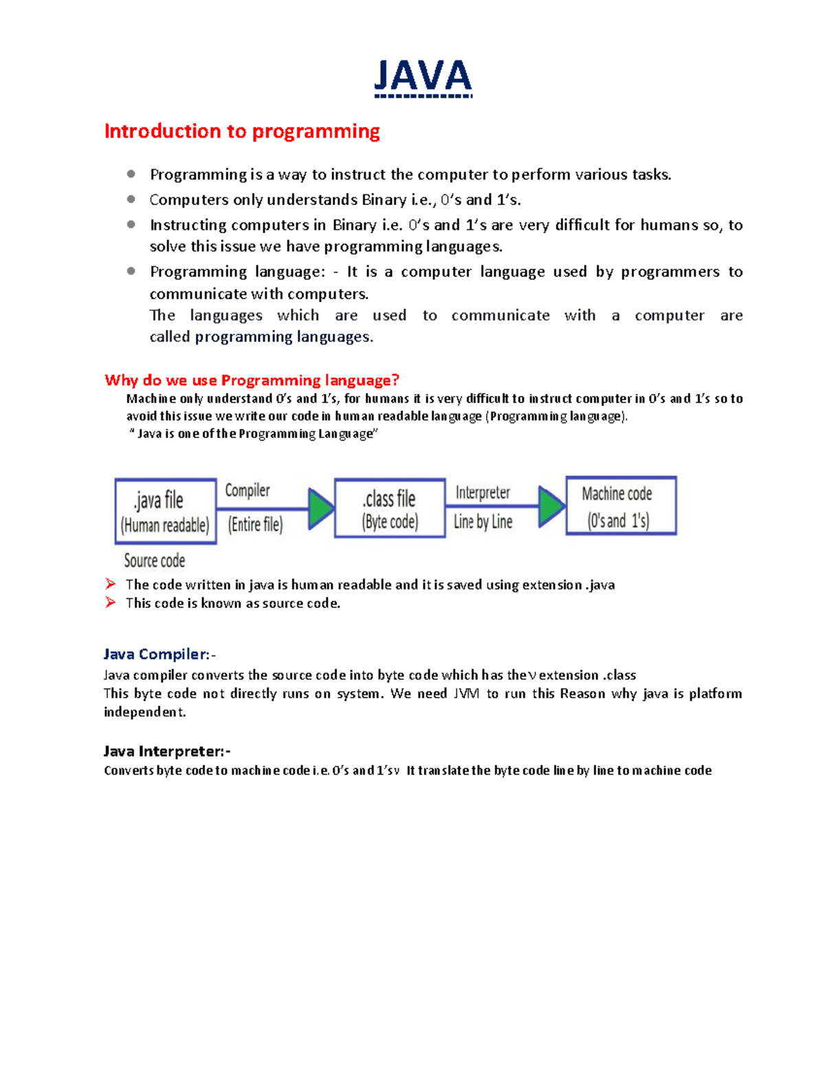 0.0 Java Basic - JAVA Introduction to programming Programming is a way ...
