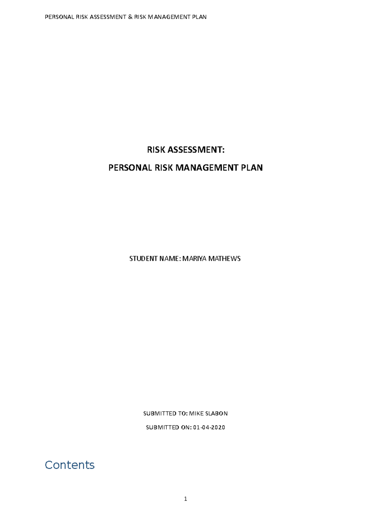 Personal Risk Part B - case study - RISK ASSESSMENT: PERSONAL RISK ...