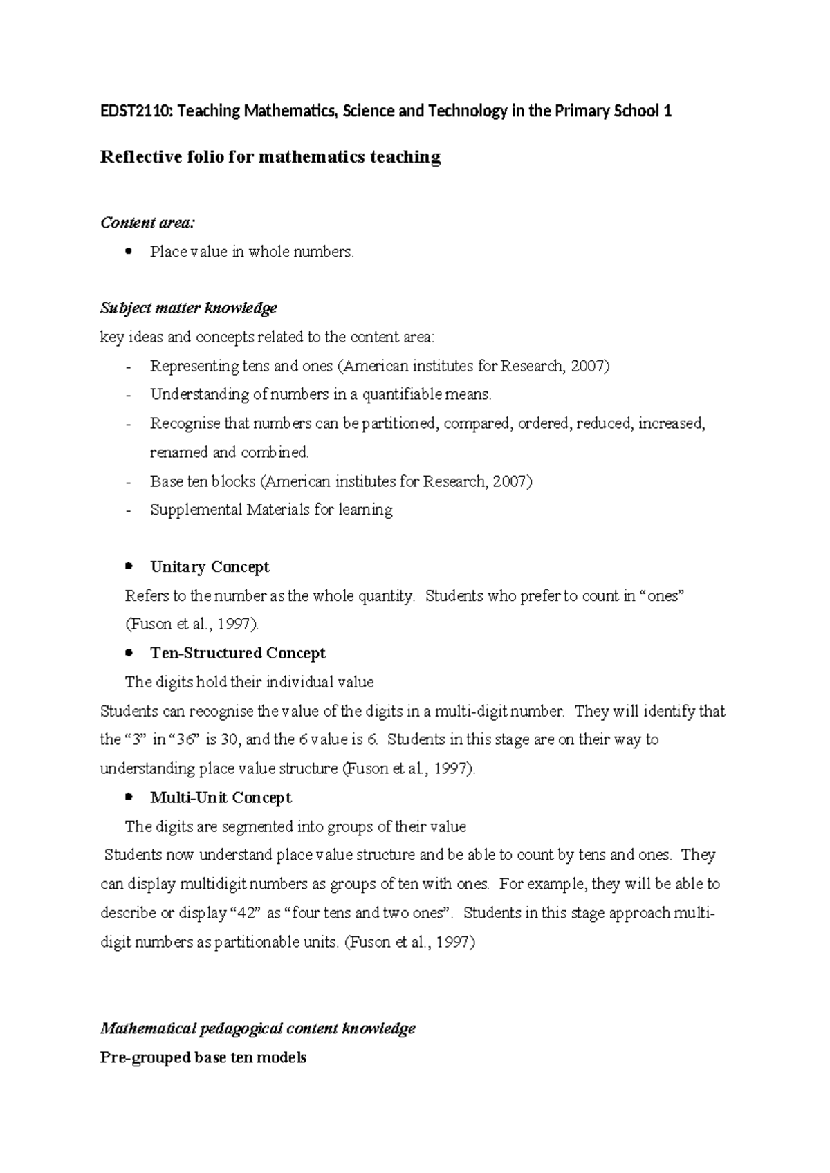 Reflective Folio - Assignment 1 pass grade - EDST2110: Teaching ...
