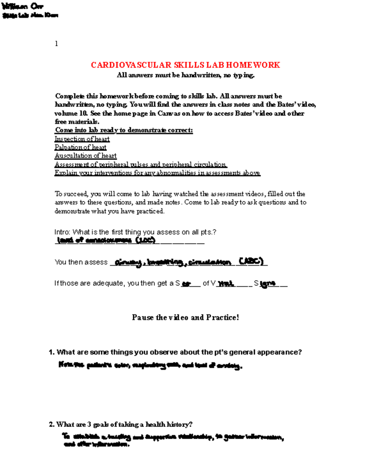 Cardiovascular+homework++ - 1 CARDIOVASCULAR SKILLS LAB HOMEWORK All ...