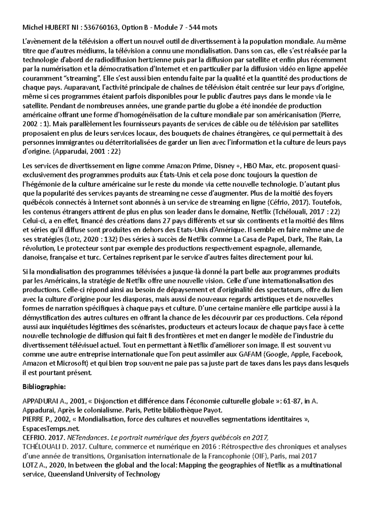 Hubert Michel 2 - Travail noté 2 - Michel HUBERT NI : 536760163, Option ...