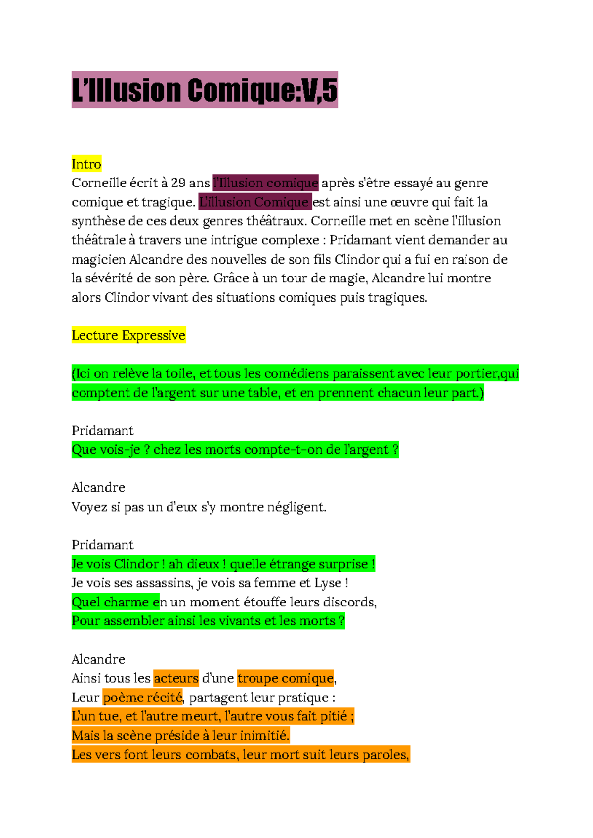 Lecture Linéaire 5- L’illusion comique - L’Illusion Comique:V, Intro Corneille écrit à 29 ans ...