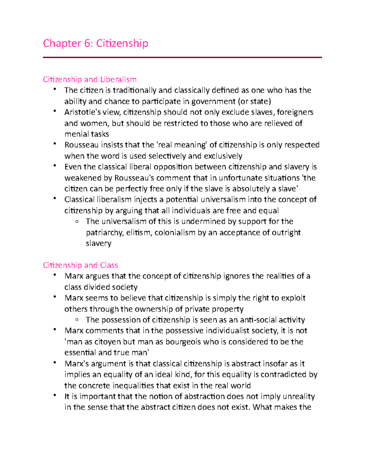 Textbook Notes- Chapter 6 - Chapter 6: Citizenship Citizenship and ...