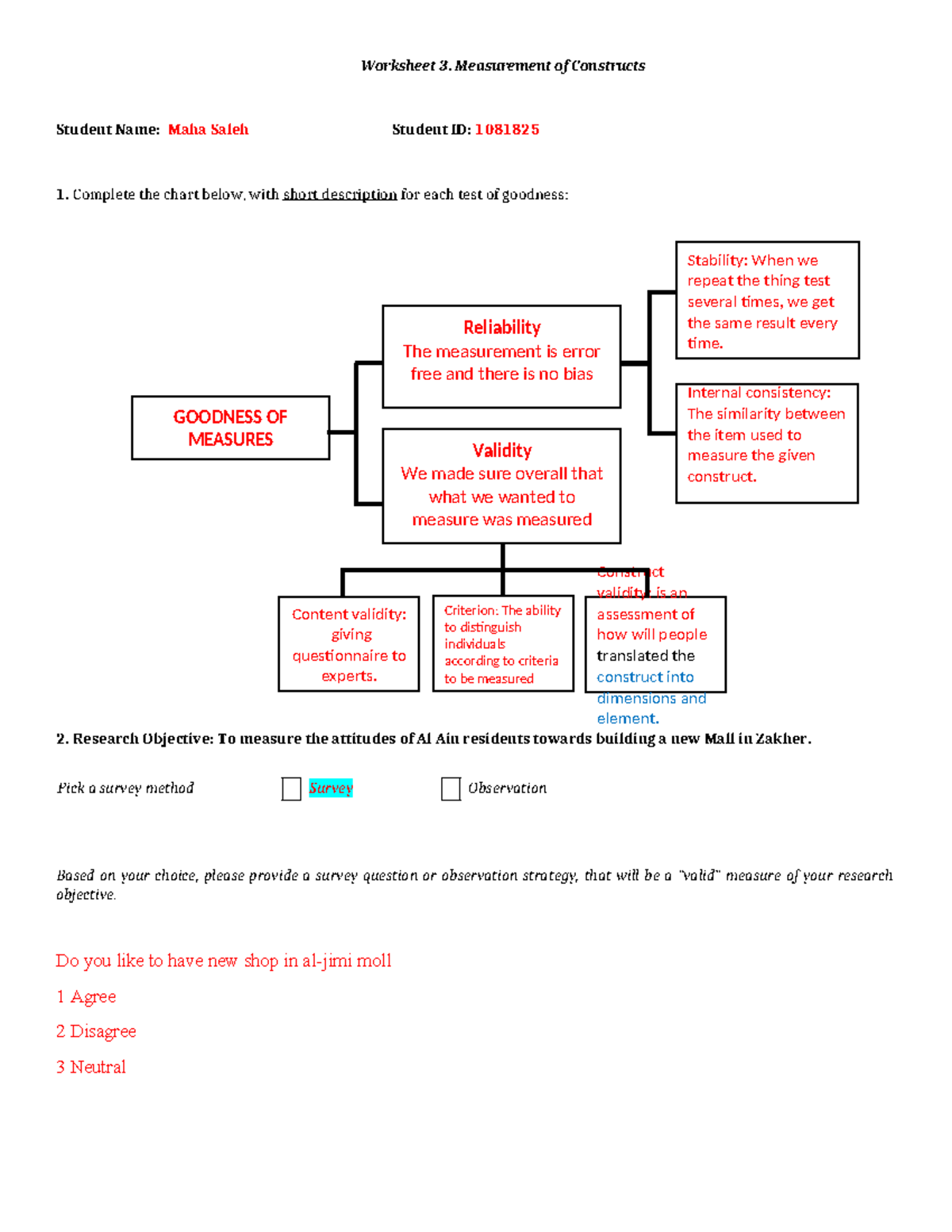 Worksheet 3. Measurement of Constructs Maha Saleh - Worksheet 3 ...