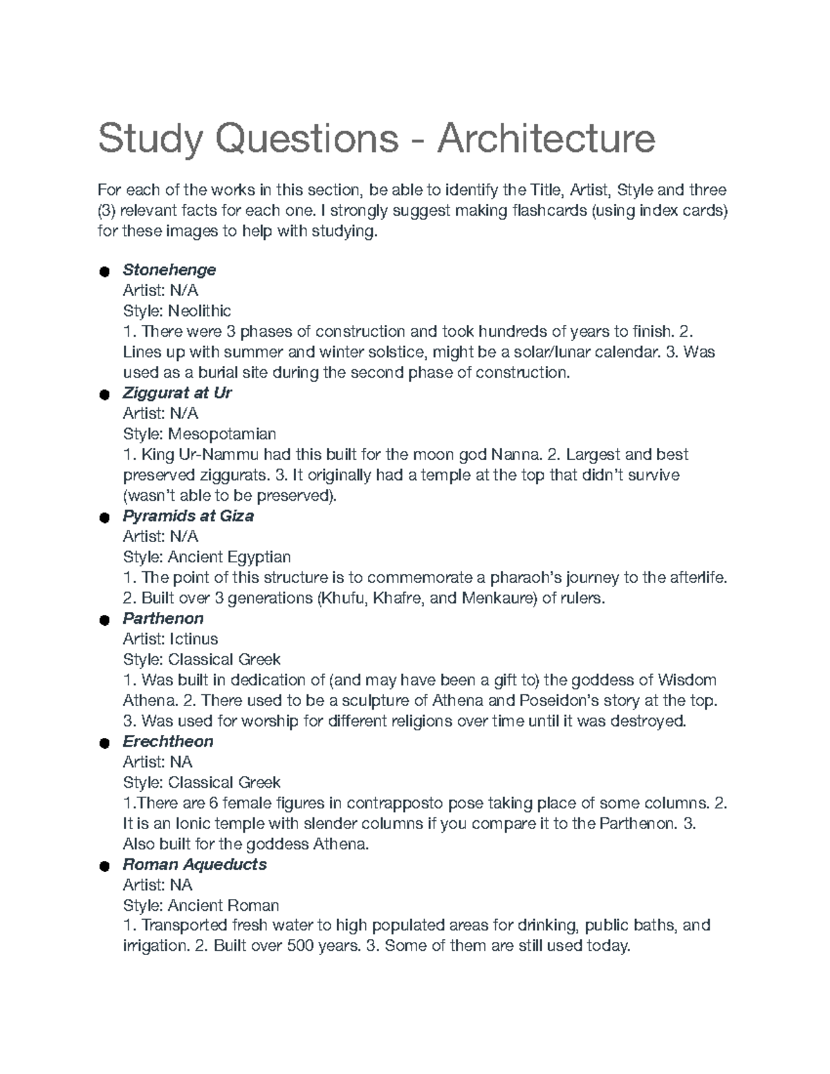 Study Questions for Final - Study Questions - Architecture For each of ...