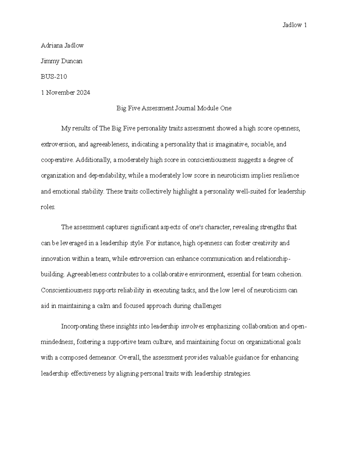 Bus 210 1-3 journal - Jadlow 1 Adriana Jadlow Jimmy Duncan BUS- 1 ...