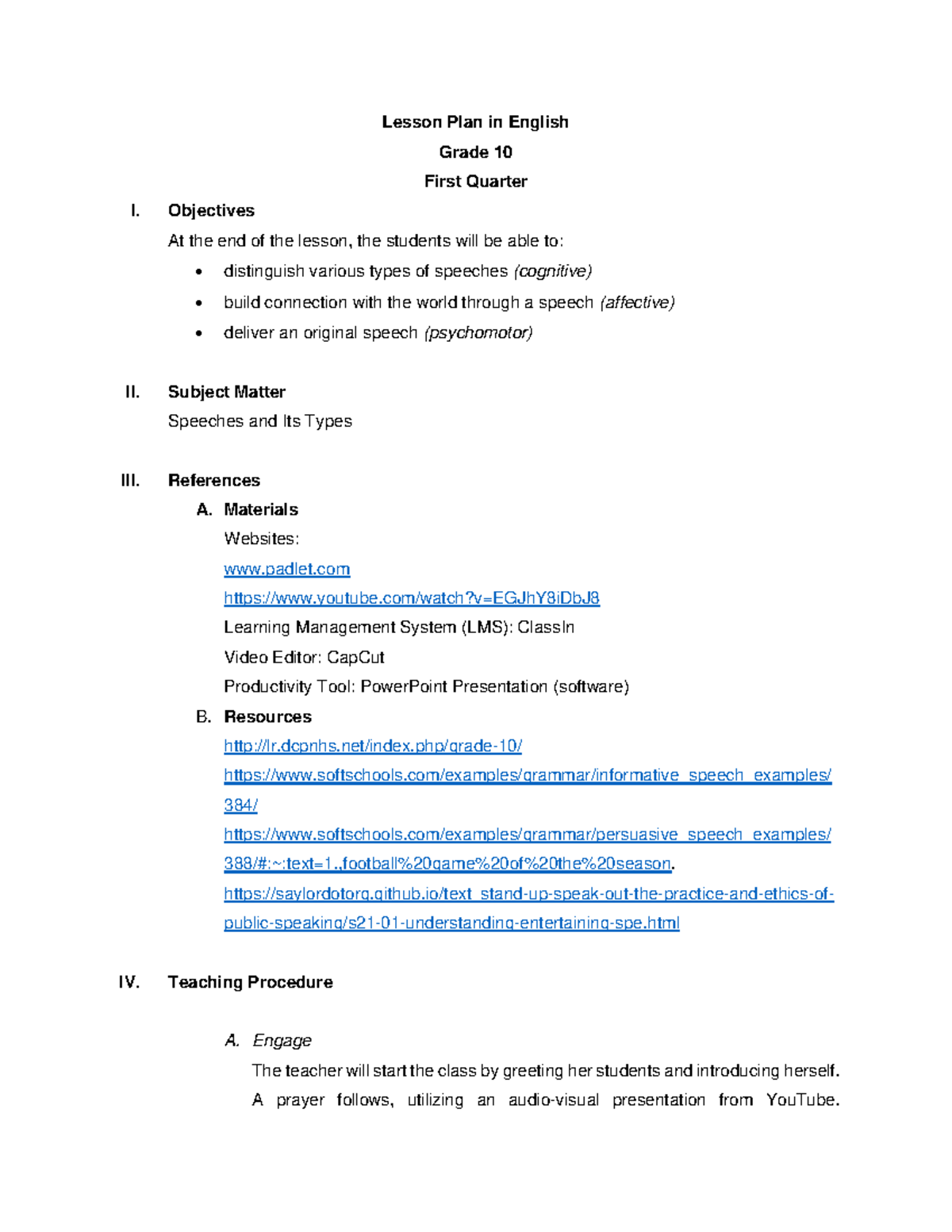 Lesson Plan in English - Lesson Plan in English Grade 10 First Quarter ...