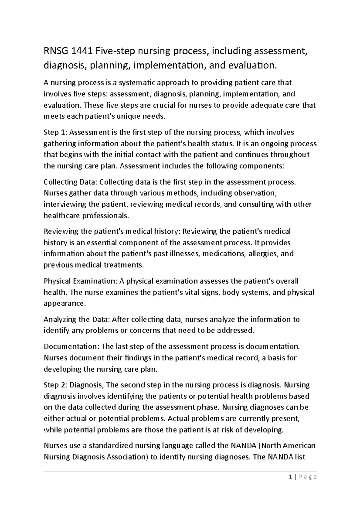 Five-step nursing process, including assessment, diagnosis, planning ...