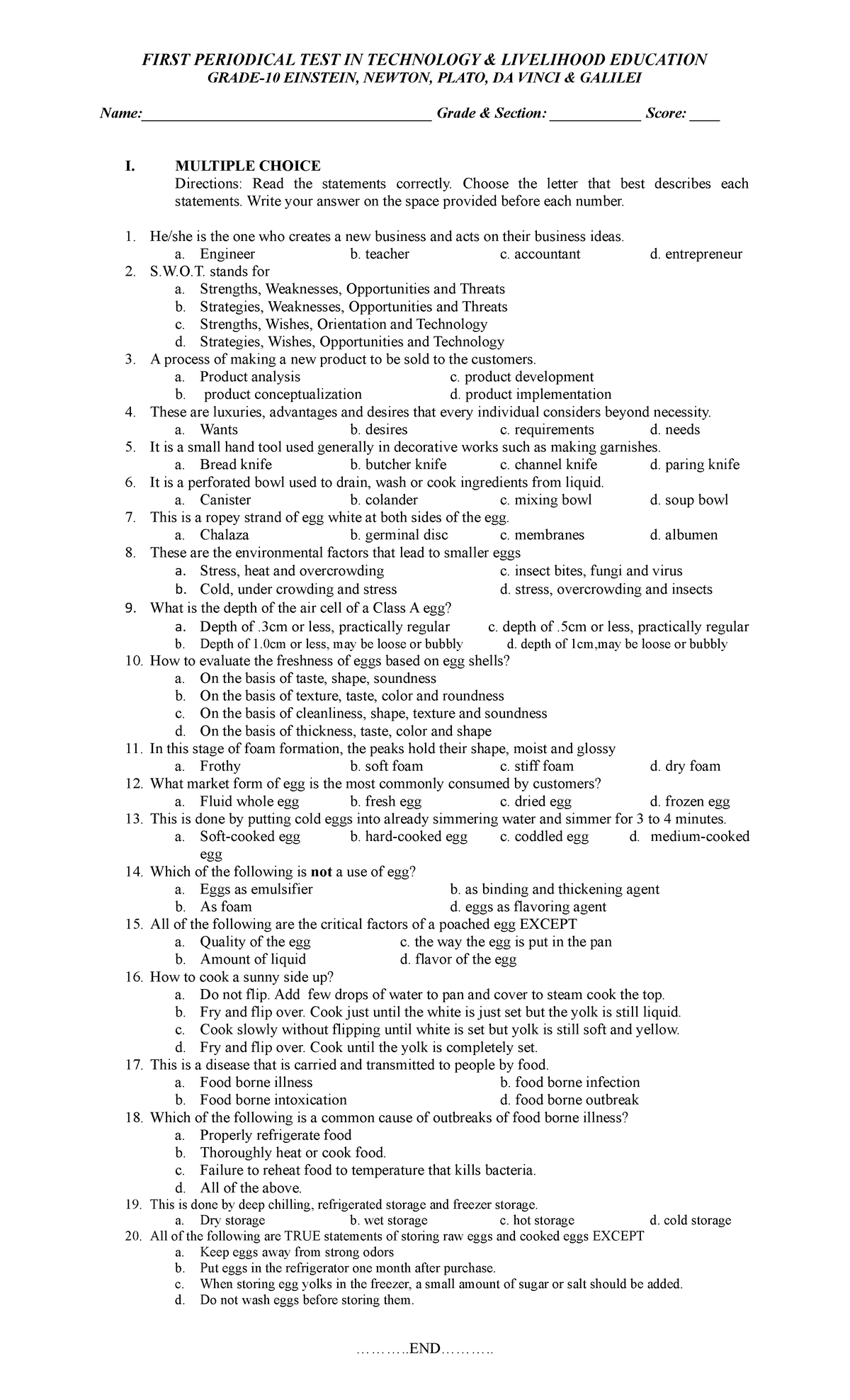 First Periodical TEST TLE 10 - FIRST PERIODICAL TEST IN TECHNOLOGY ...