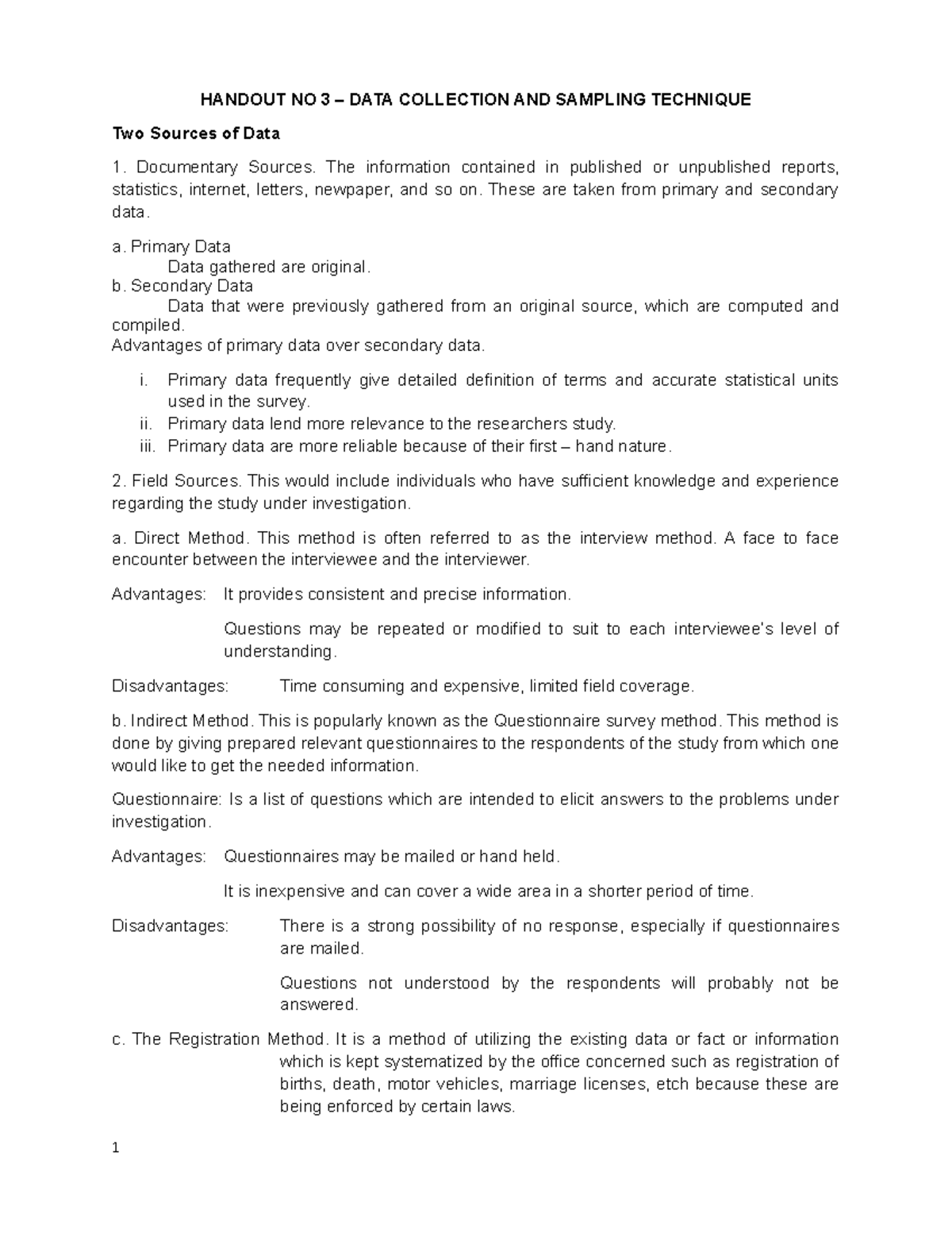 Handout NO 3 Collection OF DATA - HANDOUT NO 3 – DATA COLLECTION AND ...