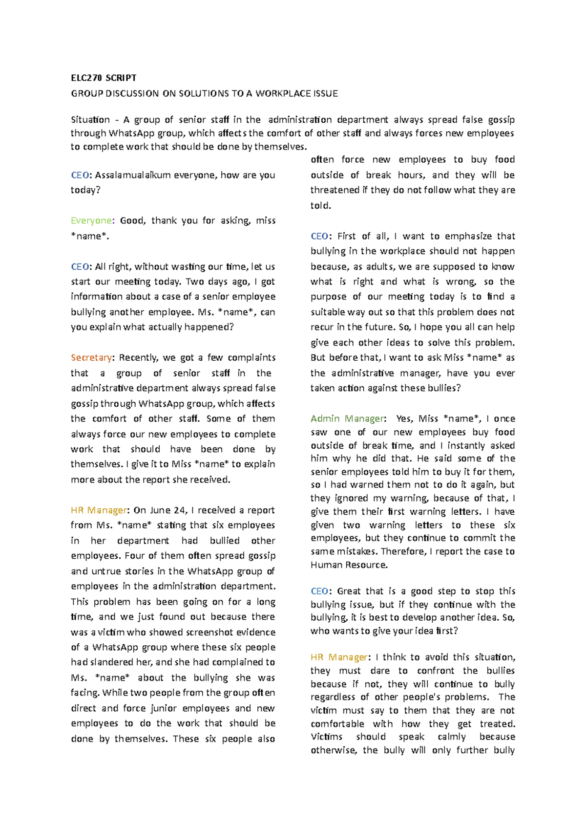 ELC270 - ASSESSMENT 3 WORKPLACE ISSUE (GROUP DISCUSSION MEETING SCRIPT ...