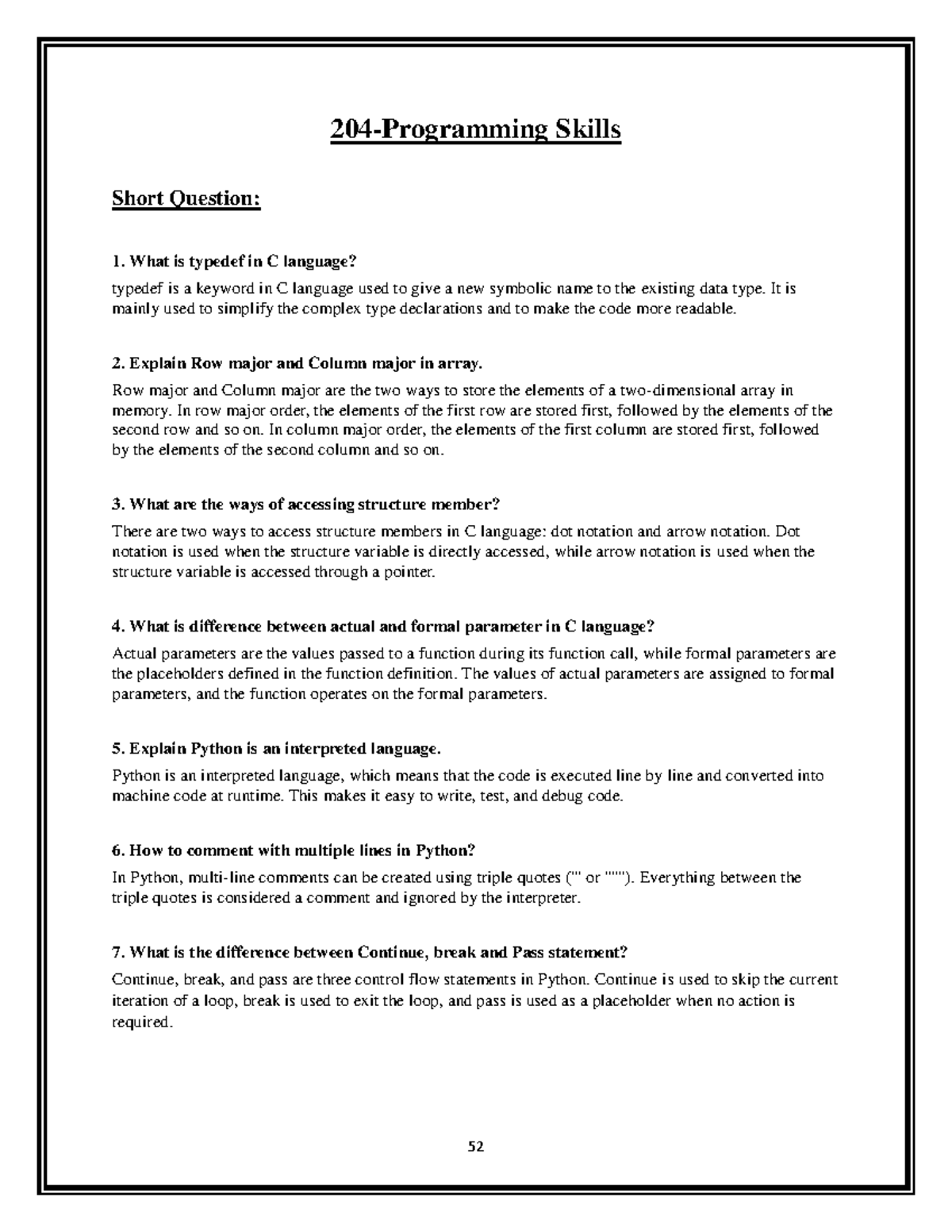SEM-2 PS Q.A - Question Answer For Exam Preparations. - 204-Programming ...