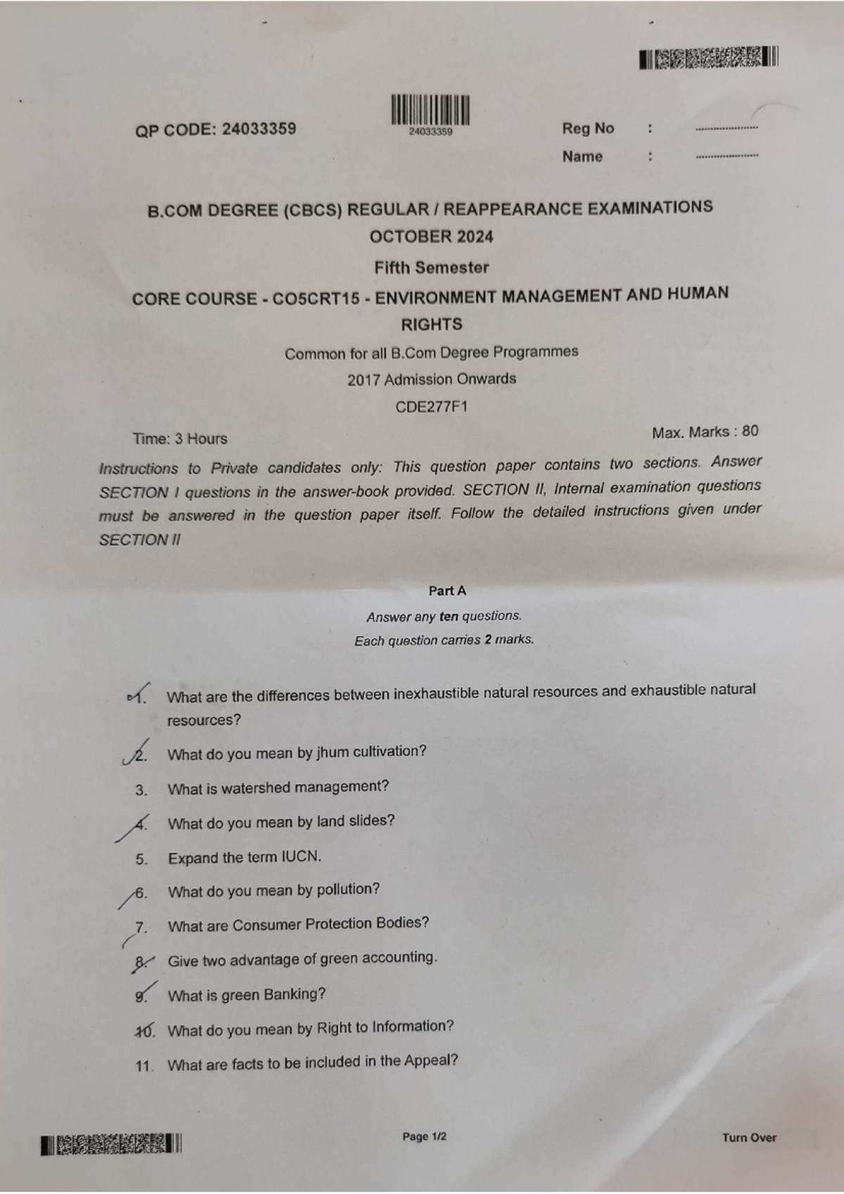 EMHR October 2024 question paper - QP CODE: Reg No : Name : B DEGREE (CBCS) REGULAR REAPPEARANCE ...