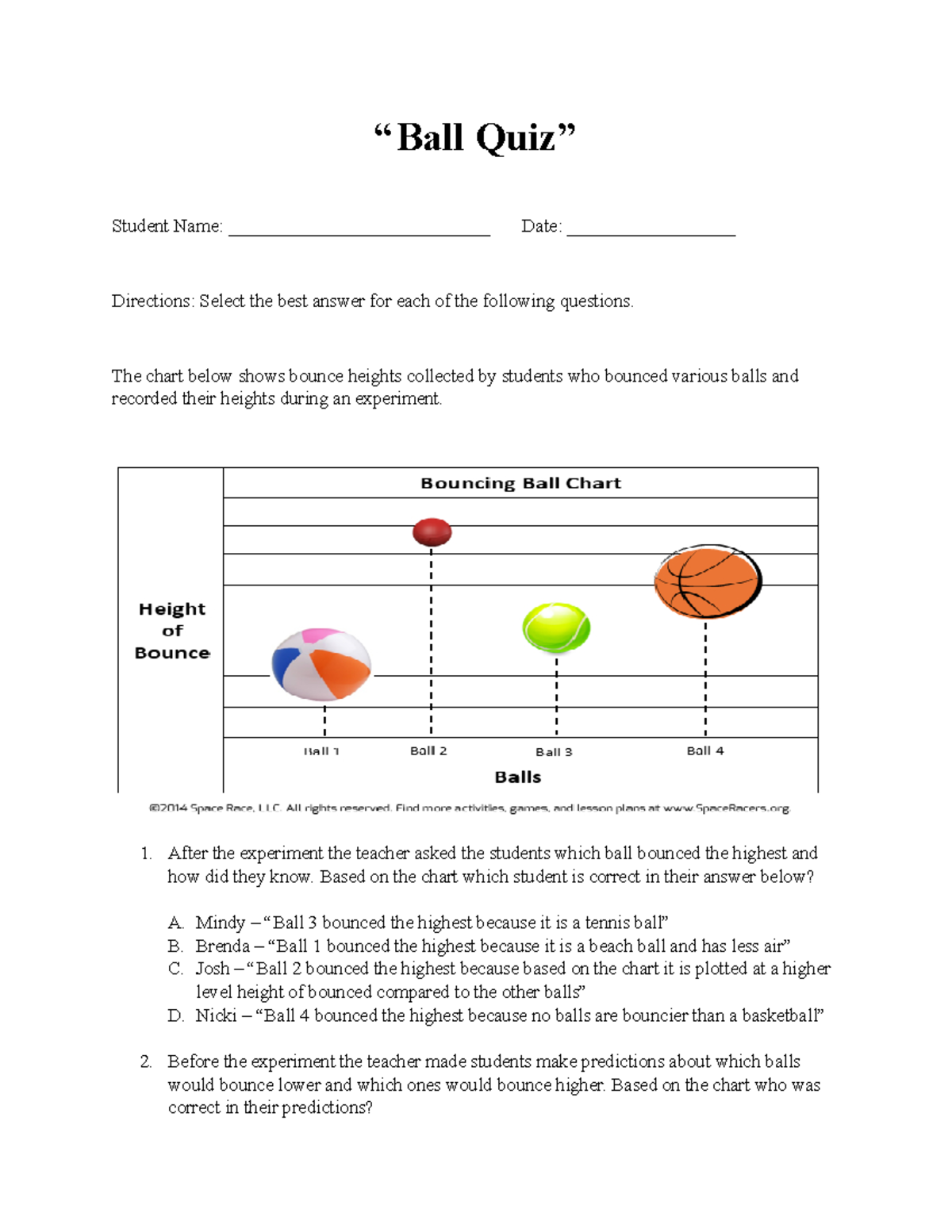 Teaching Quiz - quiz for students - “Ball Quiz” Student Name