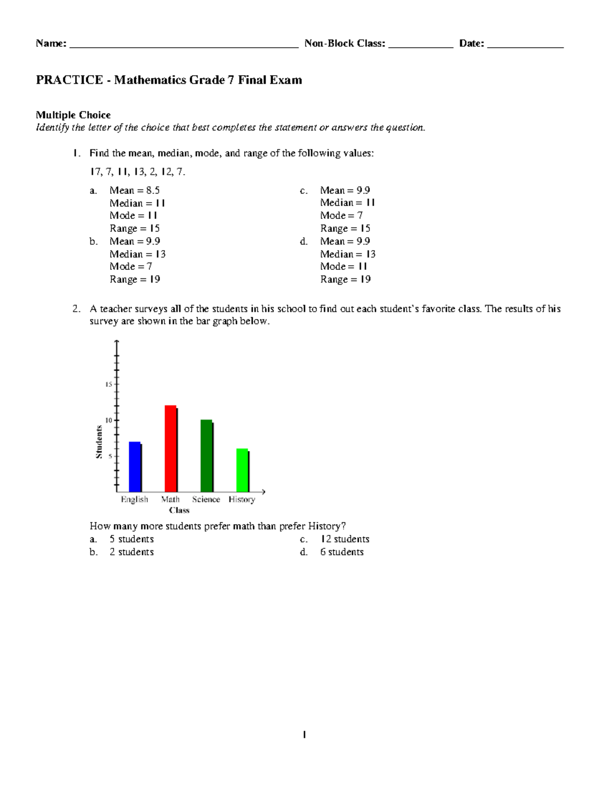 Mathematics grade 7 practice final exam - Name