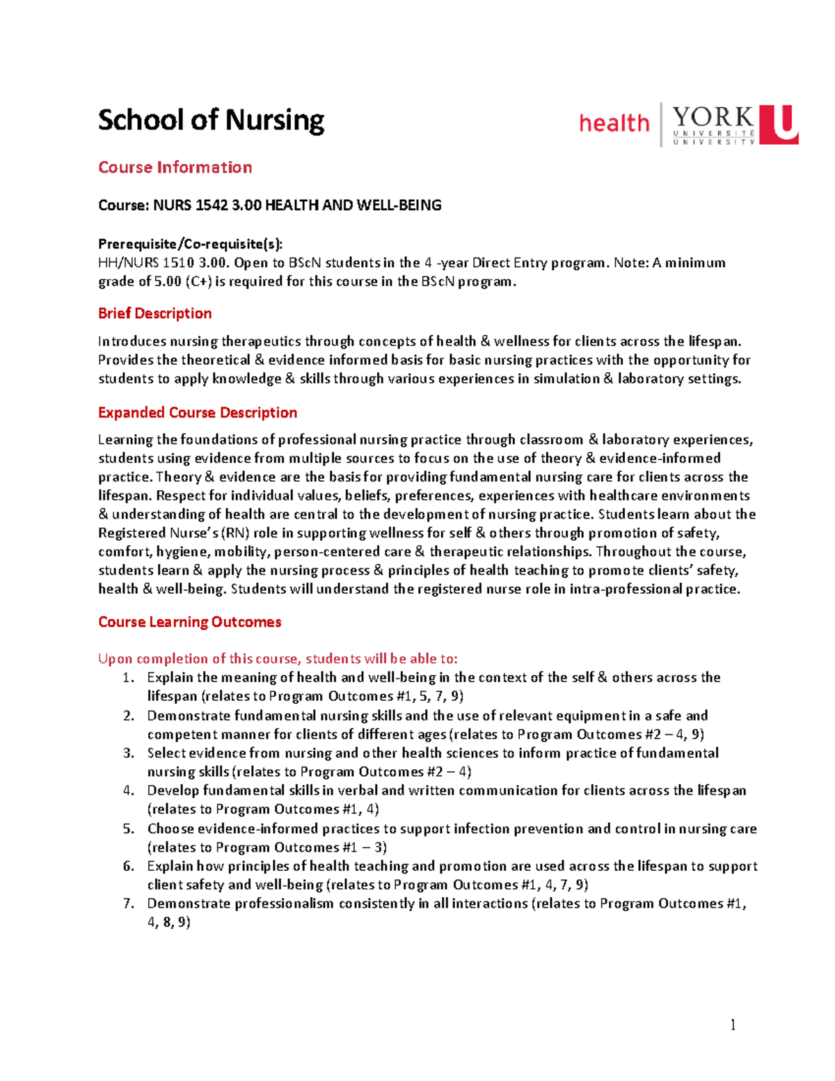 NURS 1542 Course Outline - School of Nursing Course Information Course ...
