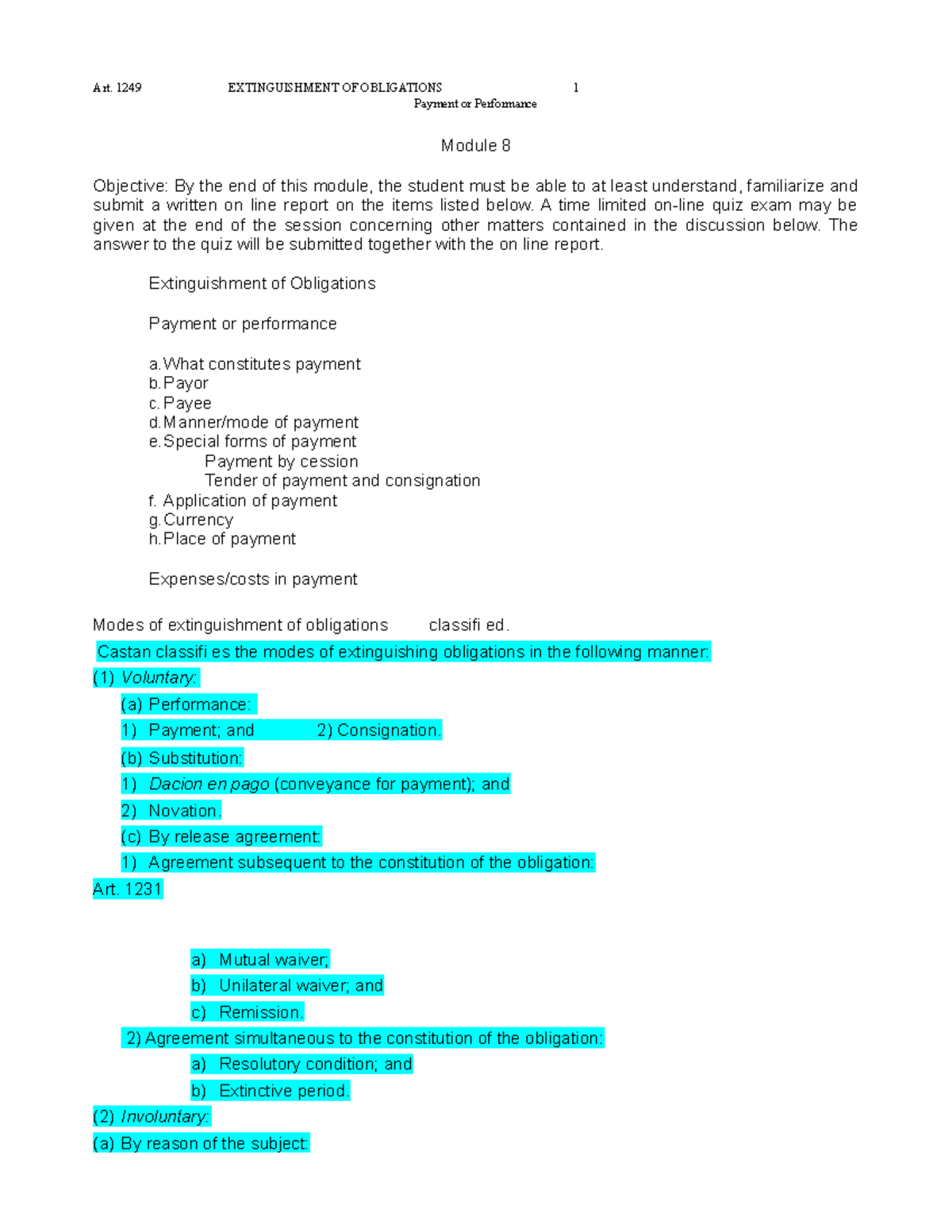 Module 8 Law on Obligations and Contracts - Payment or Performance ...