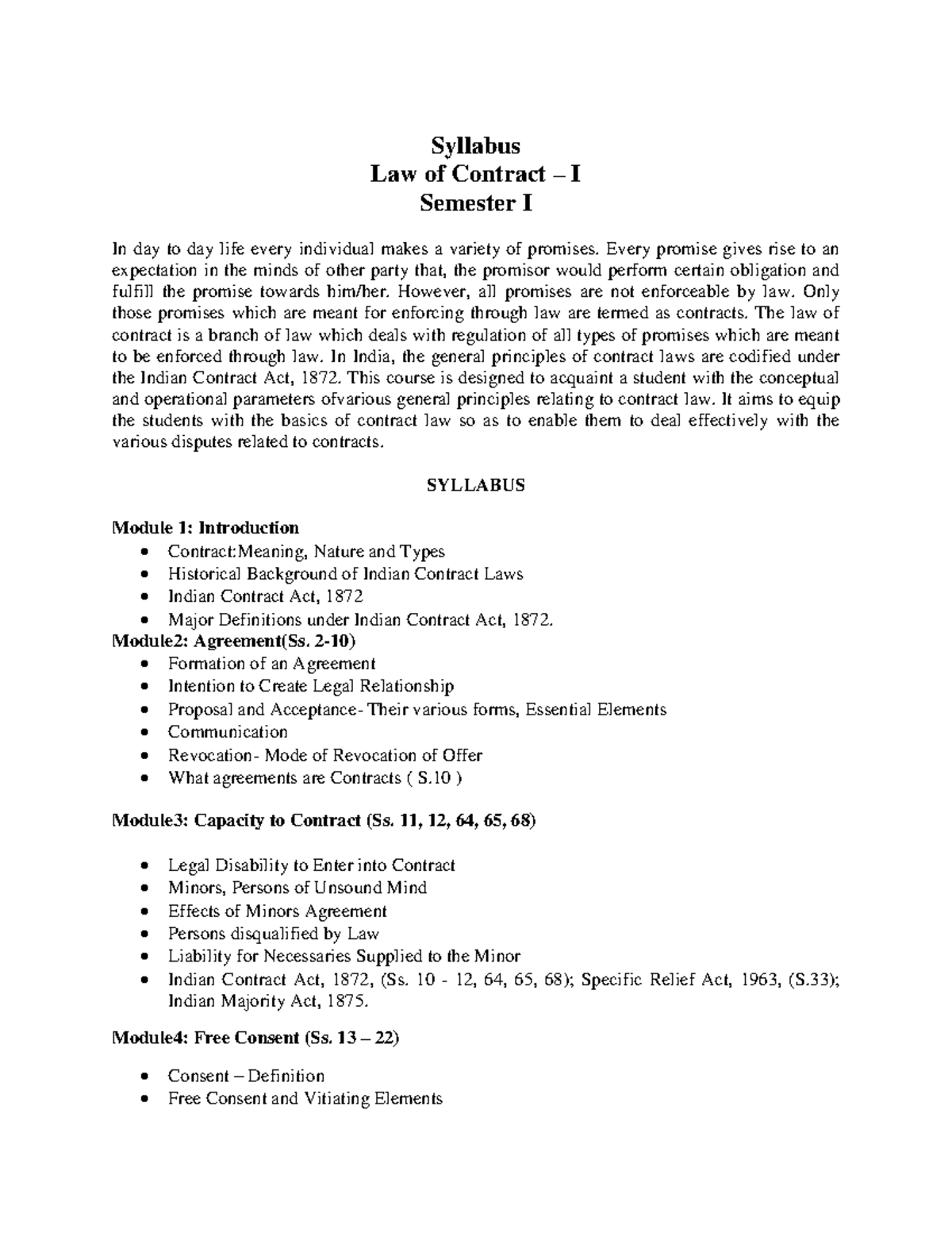 Sem-I Law of Contract I - Syllabus Law of Contract I Semester I In day ...