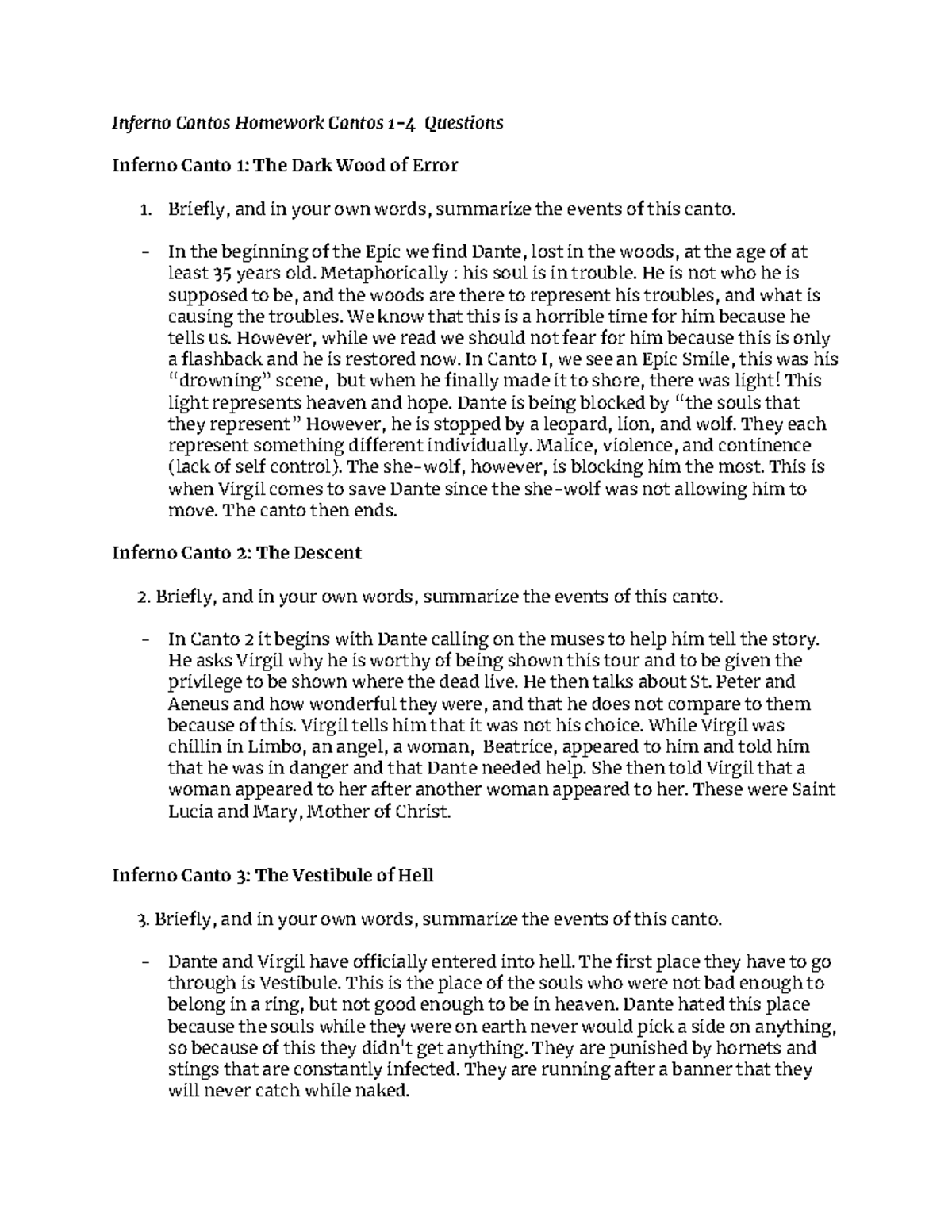 Inferno Cantos Homework Practice 1-4 Questions - Inferno Cantos ...