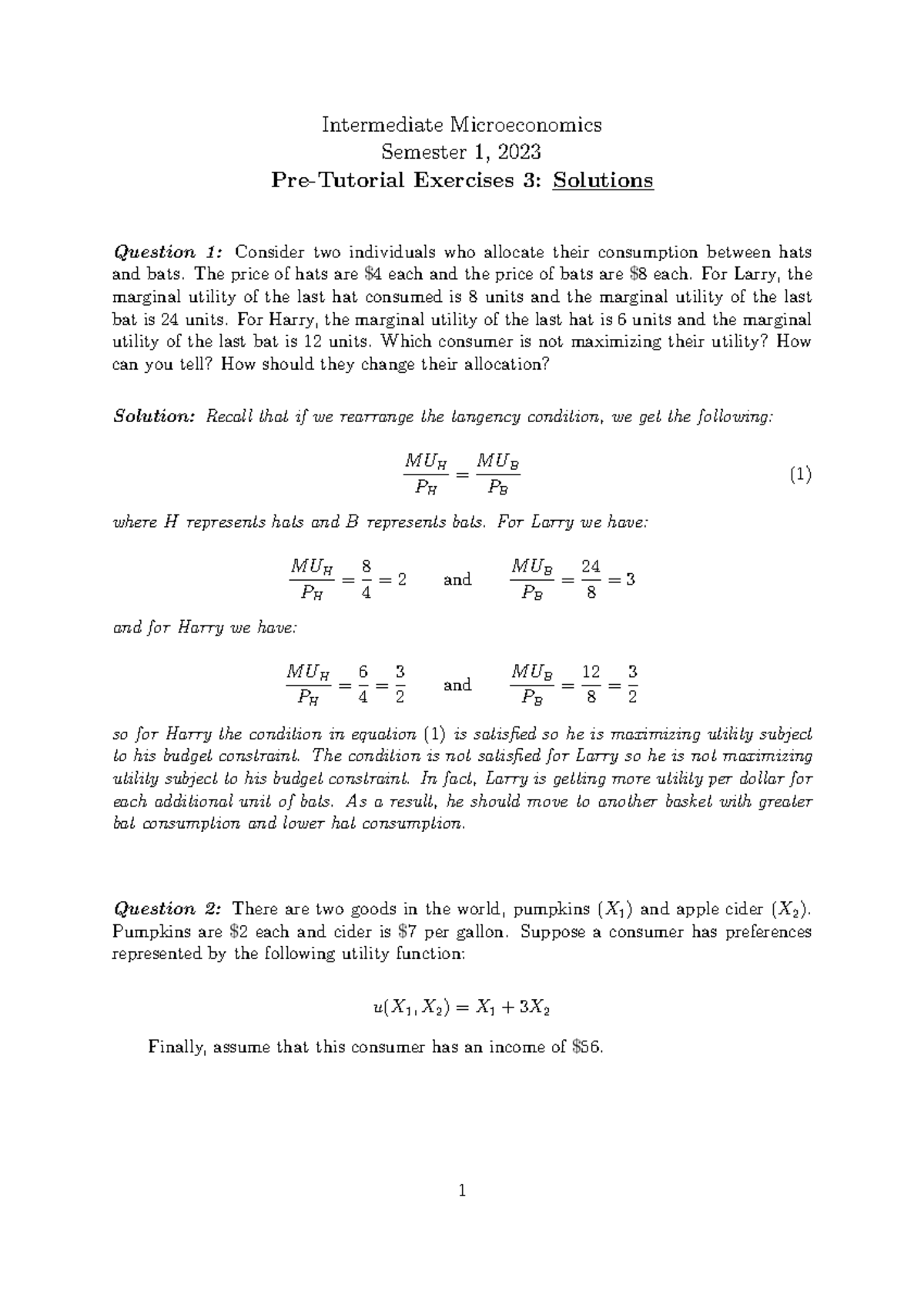 IM+PRE+T3+2023+Solutions - Intermediate Microeconomics Semester 1, 2023 Pre-Tutorial Exercises 3 ...