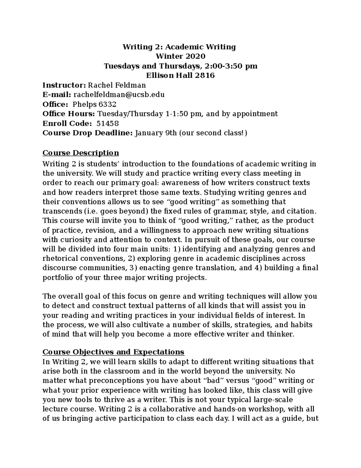 Syllabus For Writing 2 Winter 2020- Writing 2: Academic Writing Winter ...