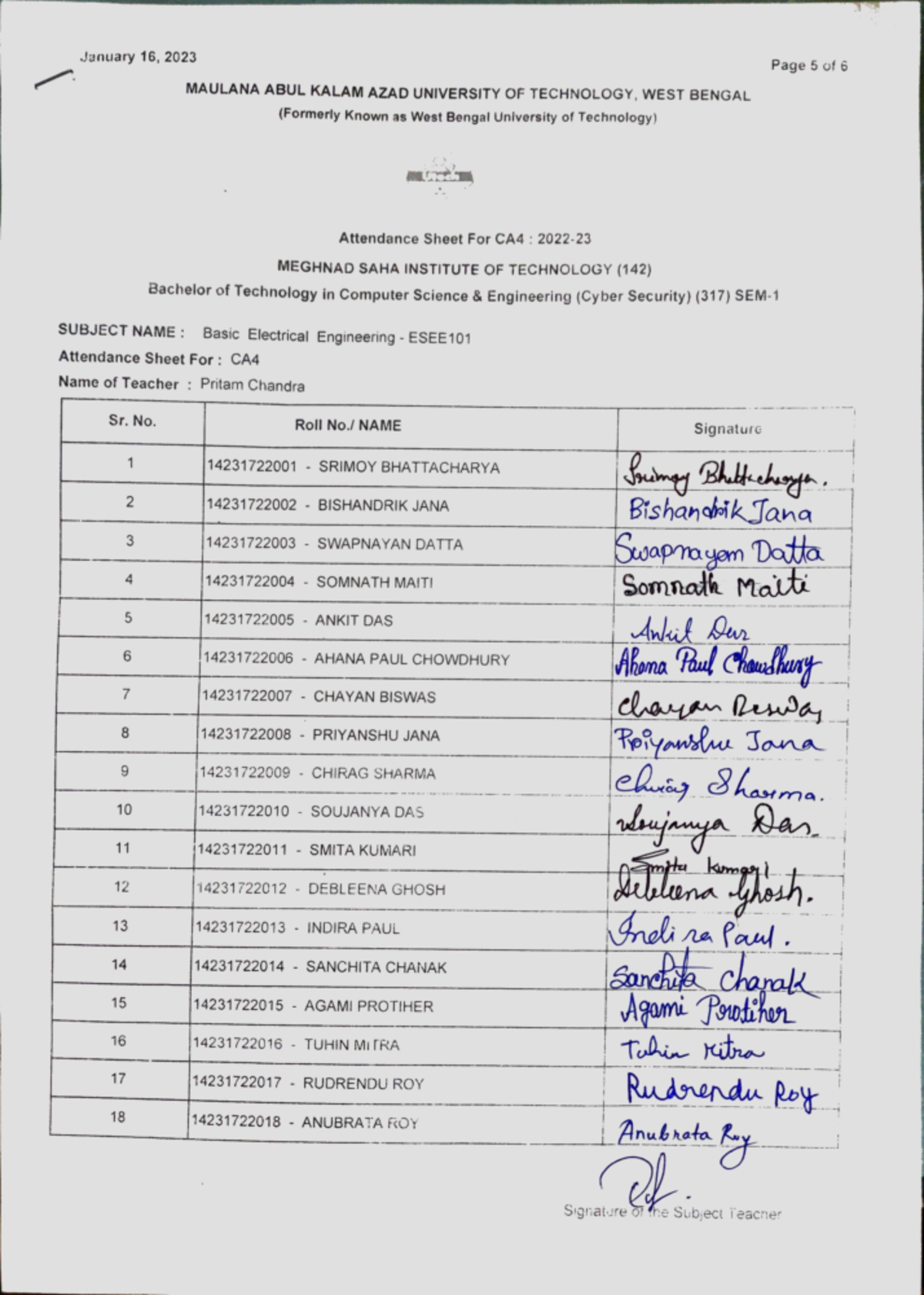CS CS CA4 Attendance - PFA - January 16,2023 Page 5 of MAULANA ABUL ...