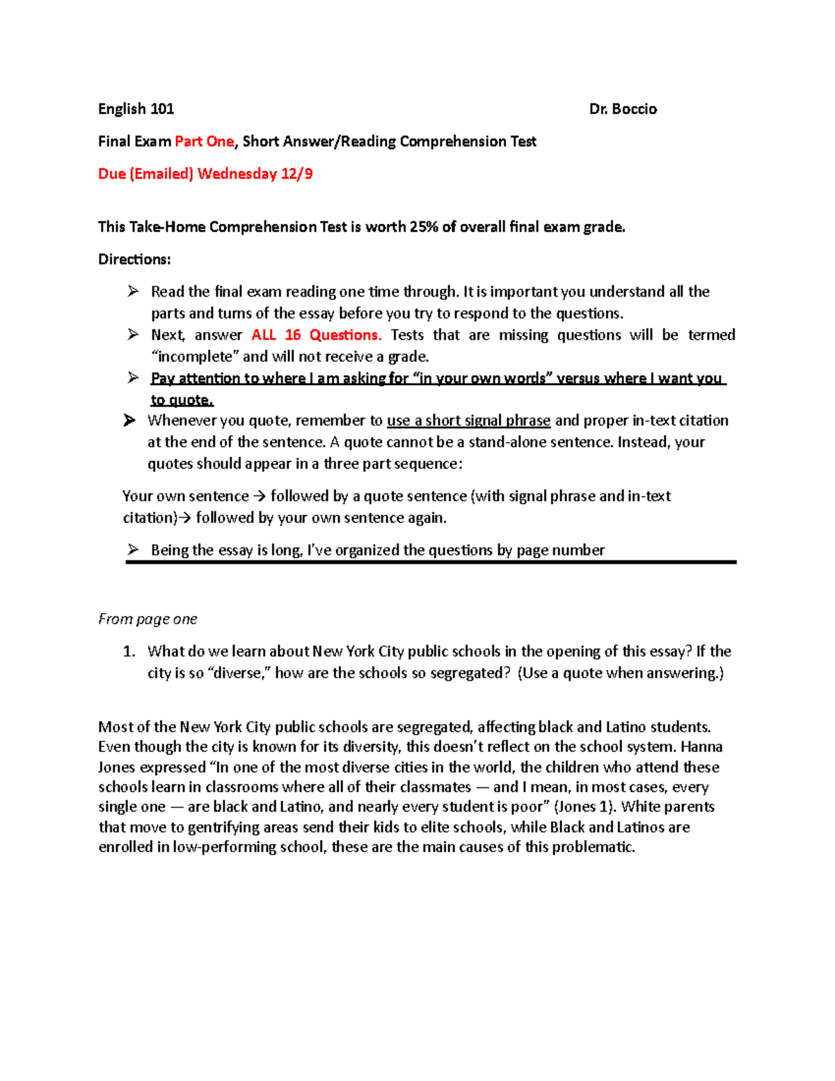 Part One - nyc school equity - English 101 Dr. Boccio Final Exam Part ...