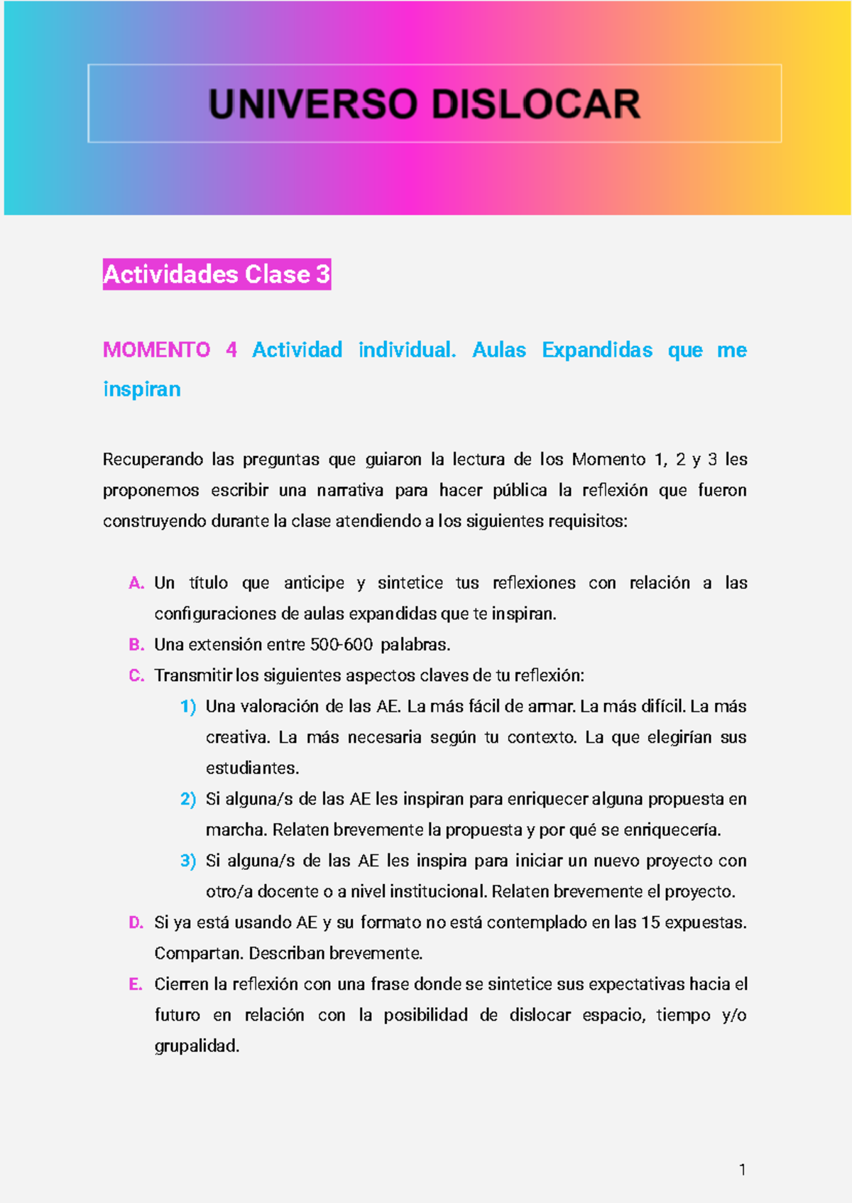 Consignas de Actividad Clase 3 Universo Dislocar - Actividades Clase 3 ...