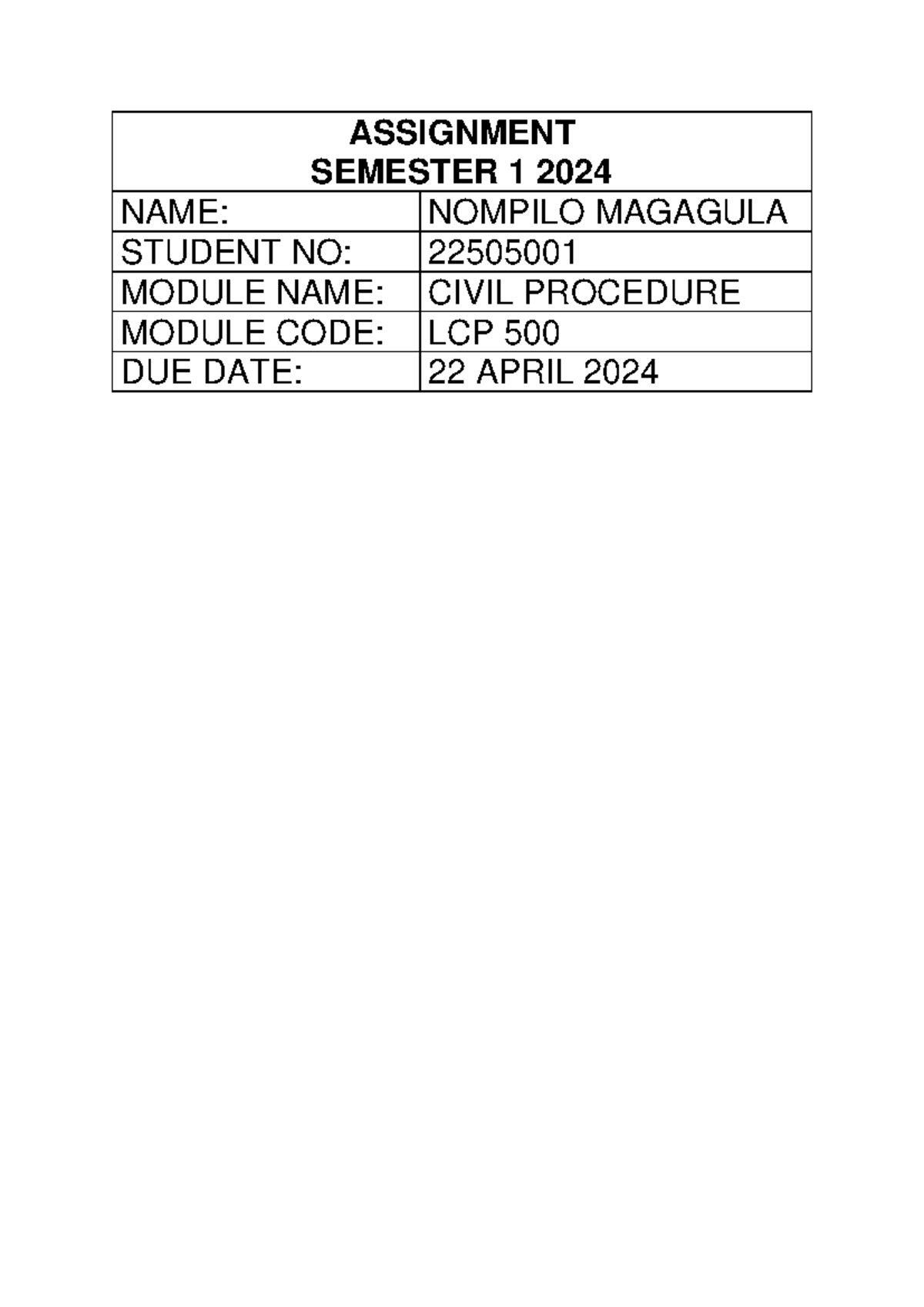 22505001 LCP500 Magagula - ASSIGNMENT SEMESTER 1 2024 NAME: NOMPILO ...