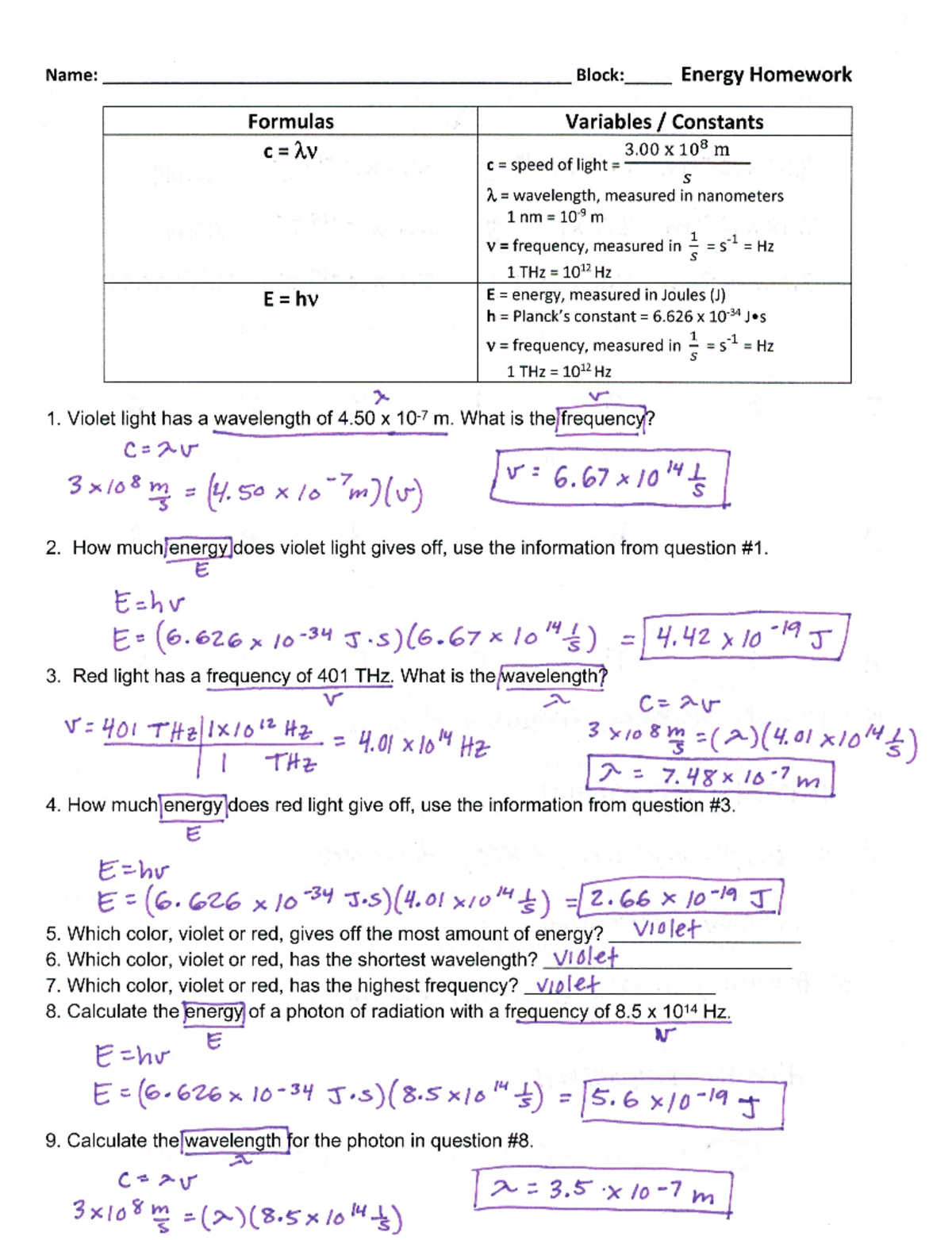 Energy homework ans - Name: Block: Energy Homework Formulas Variables ...