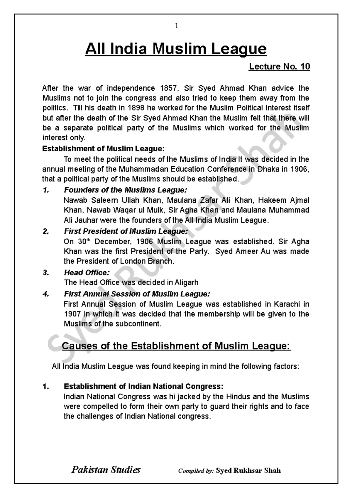 (Lecture-10) Formation of All India Muslim League (week-5) - All India ...