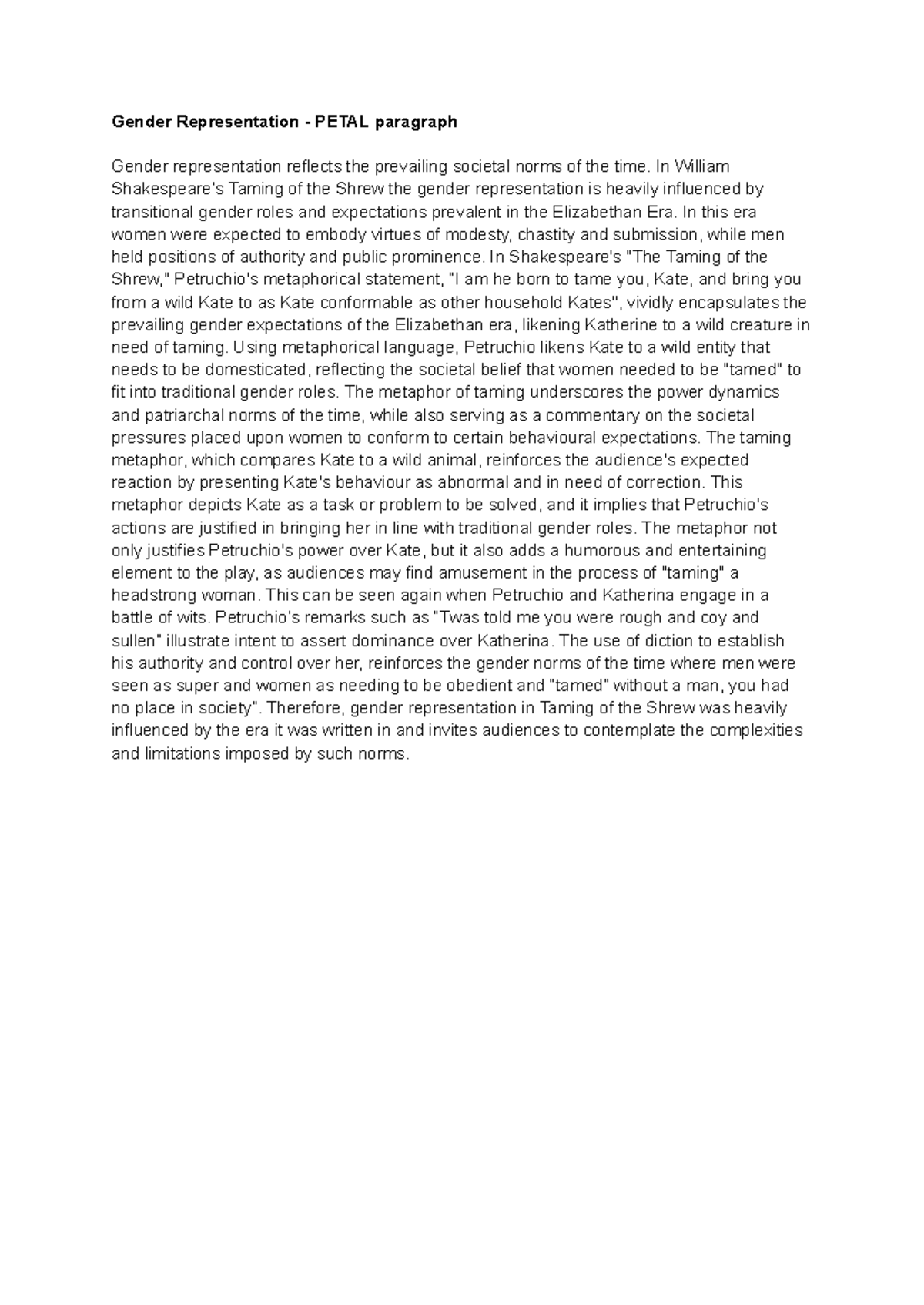 Petal - Gender Representation - PETAL paragraph Gender representation ...