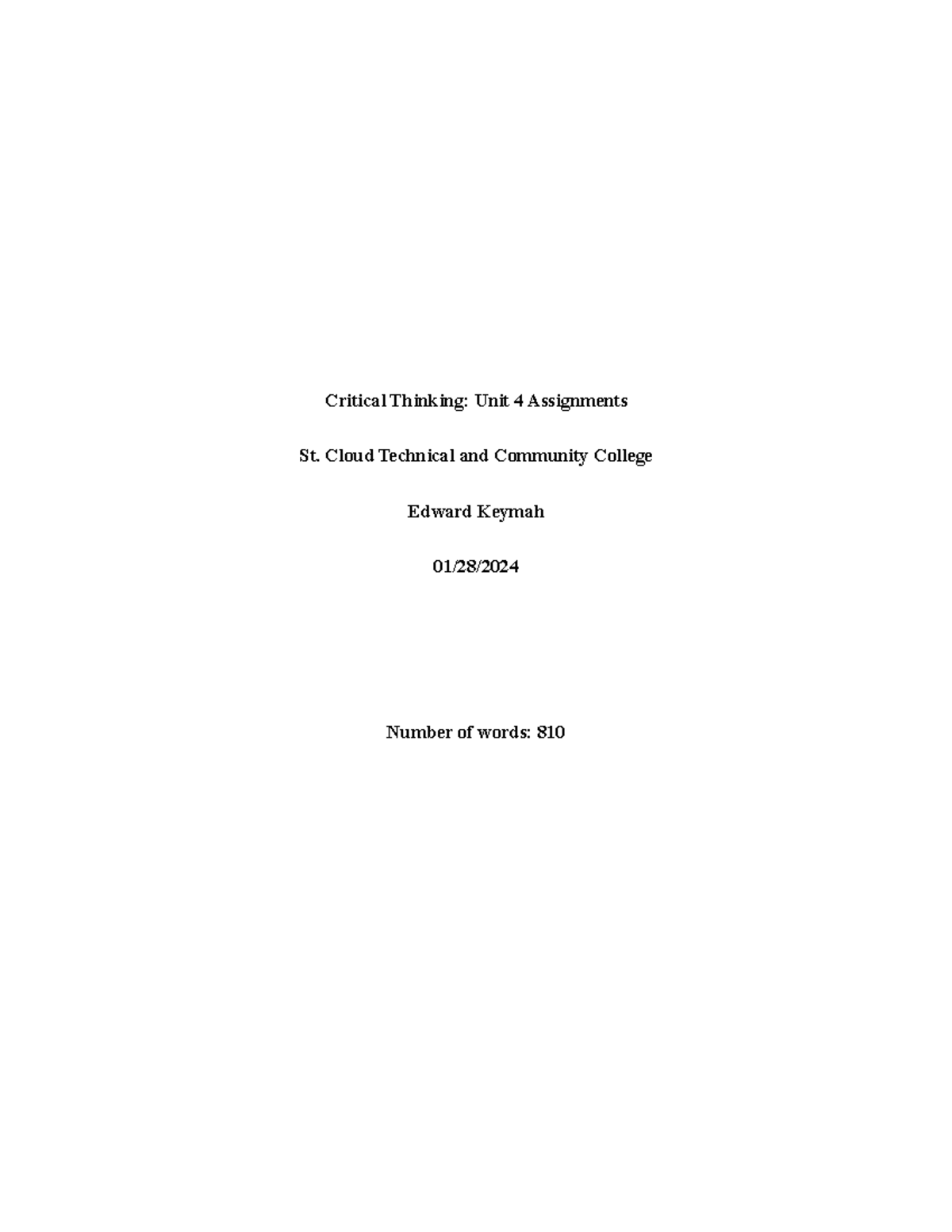 Unit 4 Assignments - Unit 4 - Critical Thinking: Unit 4 Assignments St ...