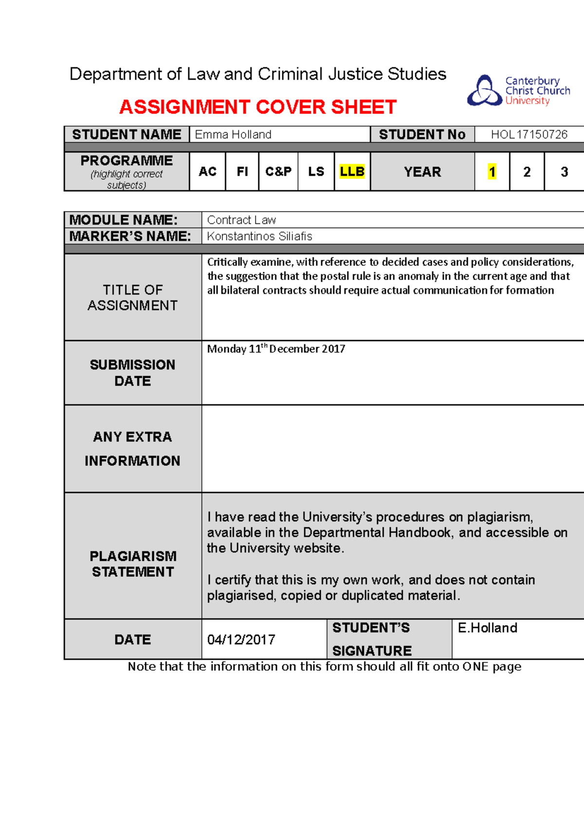 Assignment Cover Sheet Contract Essay - Department of Law and Criminal ...
