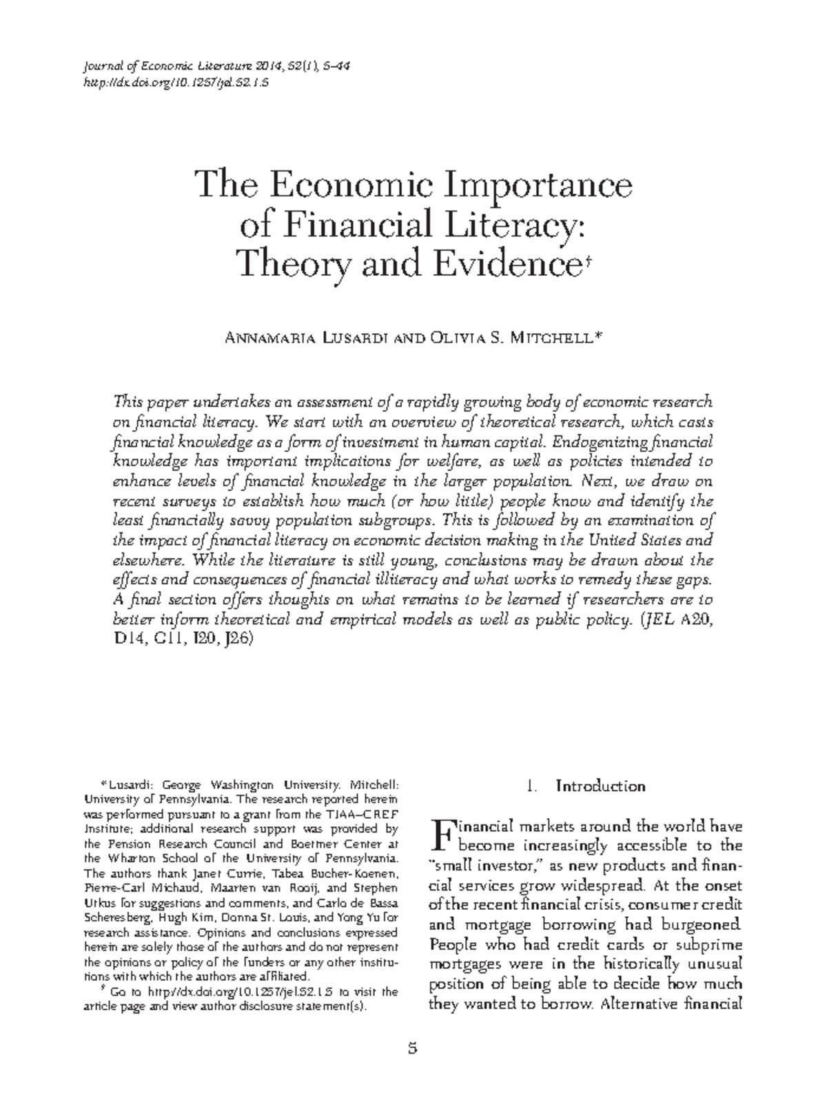 Financial Literacy JEP 2014 - Journal of Economic Literature 2014, 52 ...