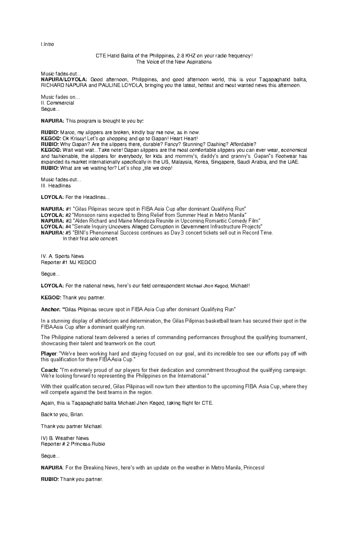 News Casting Script - I CTE Hatid Balita of the Philippines, 2. 8 KHZ ...