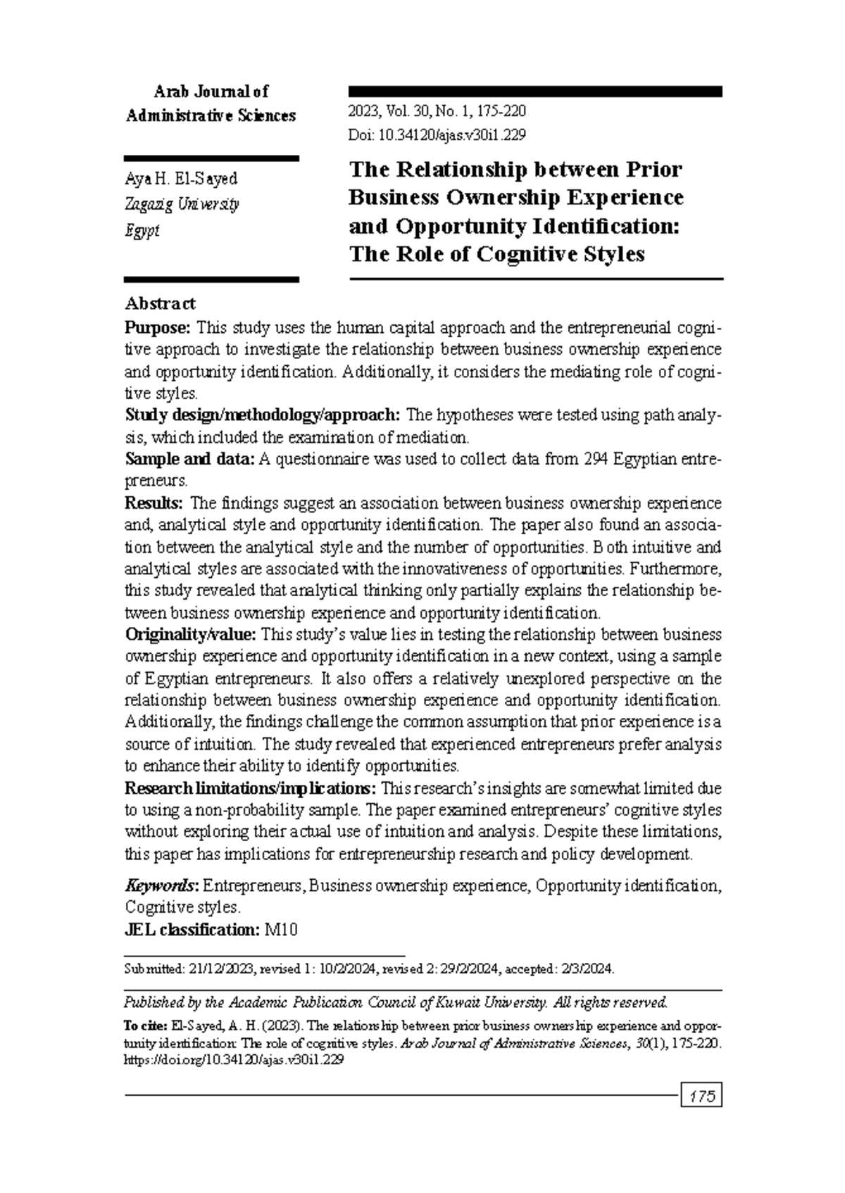 The Relationship between Prior Business Ownership Experience and ...