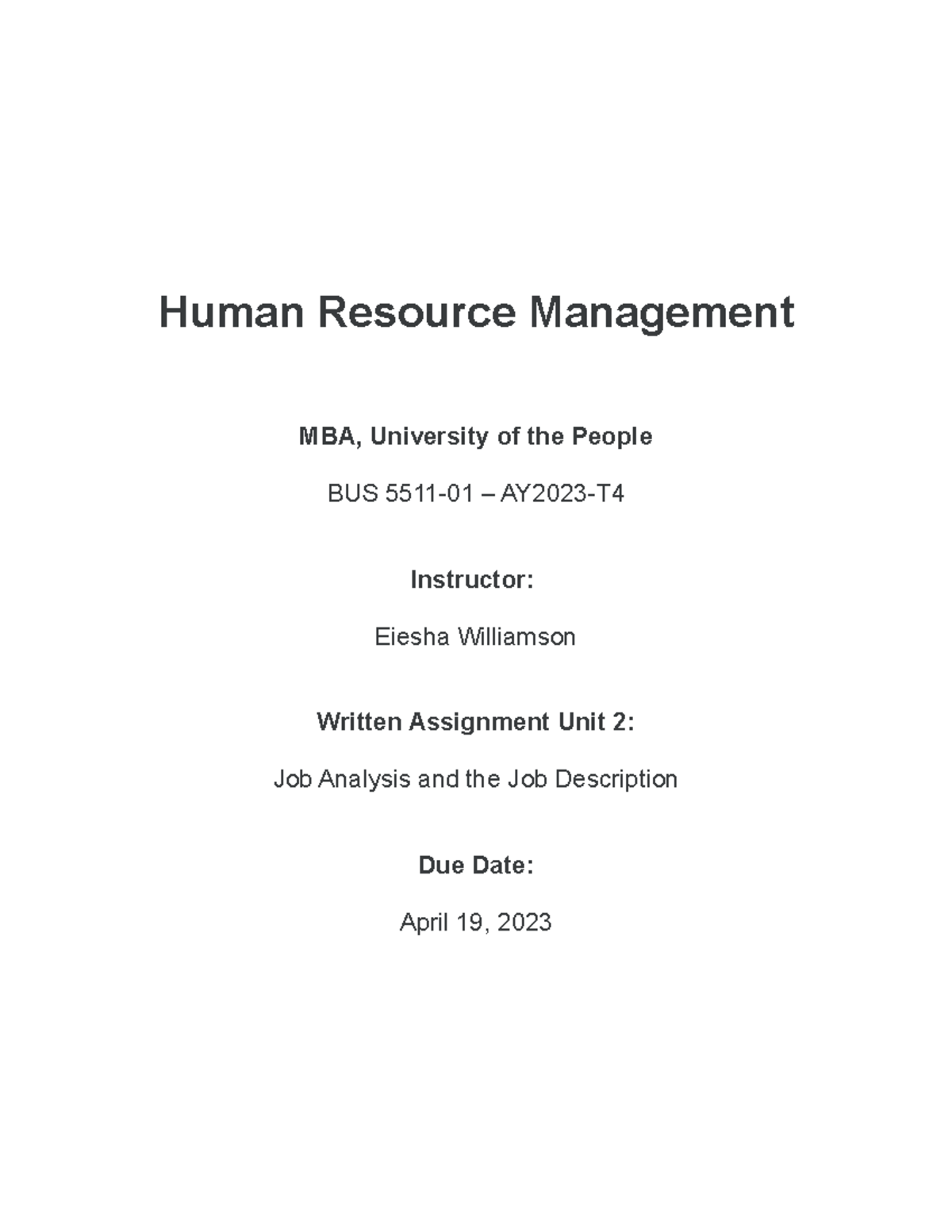 Written Assignment Unit 2 - Human Resource Management MBA, University ...