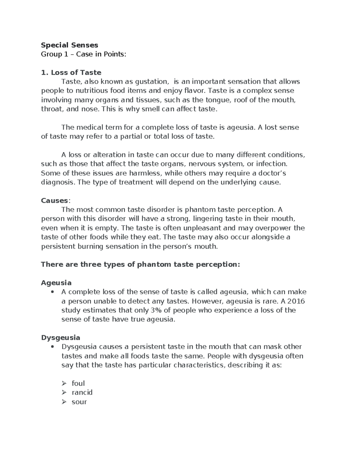 Special Senses - Special Senses Group 1 – Case in Points: Loss of Taste ...