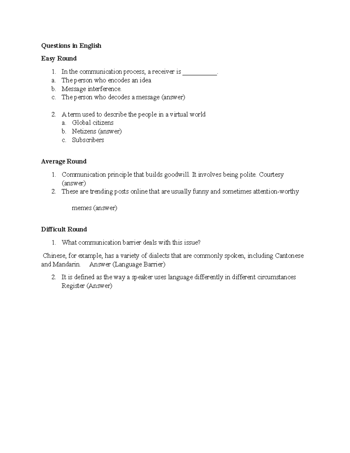 Questions in English - lecture - Questions in English Easy Round In the ...