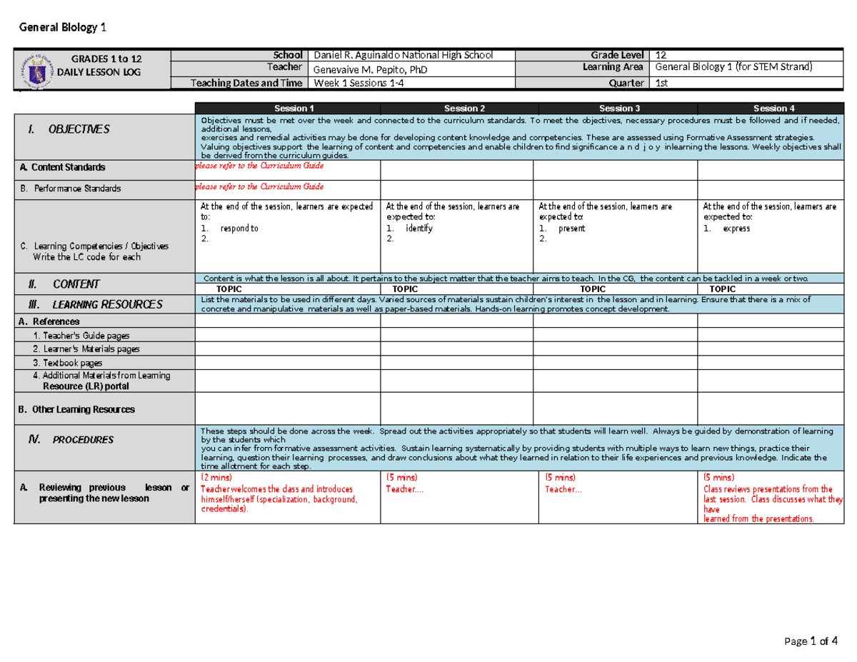 0-Gen Bio-1-DLL-template - GRADES 1 to 12 DAILY LESSON LOG School ...