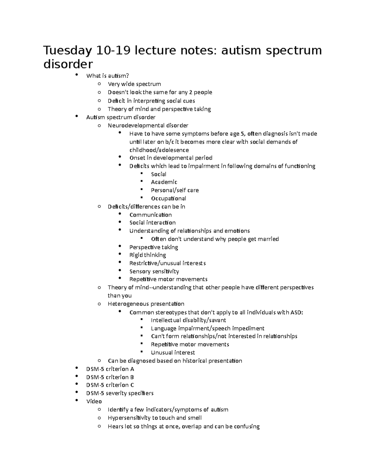 Tuesday 10 - Timothy Stickle - Tuesday 10-19 lecture notes: autism ...