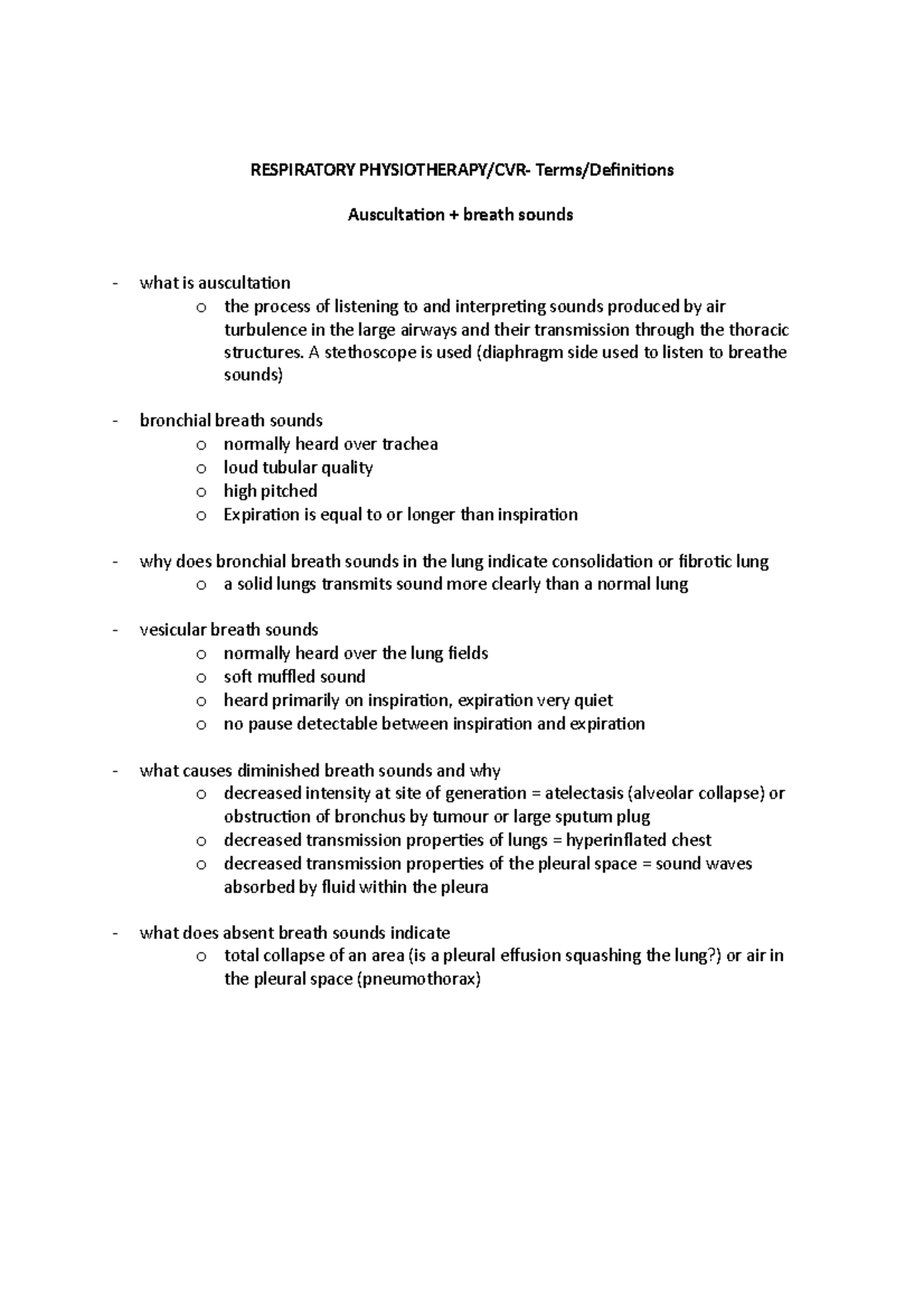 Respiratory Physiotherapy:CVR- Terms:Definitions Auscultation + breath ...