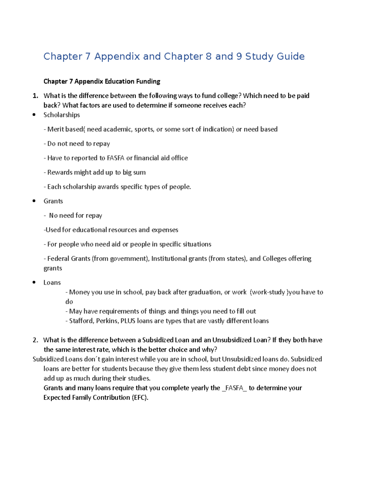 Chapter 7A, 8&9 Study Guide - Chapter 7 Appendix and Chapter 8 and 9 ...