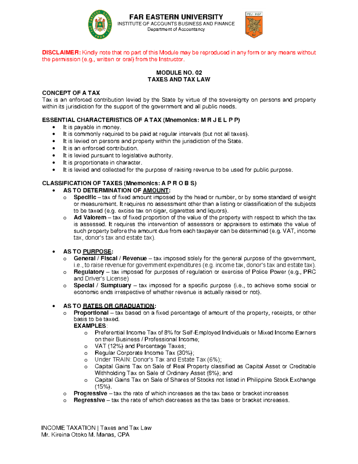2nd Semester Income Taxation Module 2 Taxes, and Tax Laws - INSTITUTE ...
