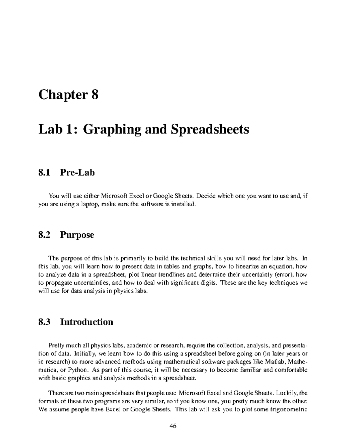 PHYS 124 L1 Graphing Manual - Chapter 8 Lab 1: Graphing and Spreadsheets 8 Pre-Lab You will use ...