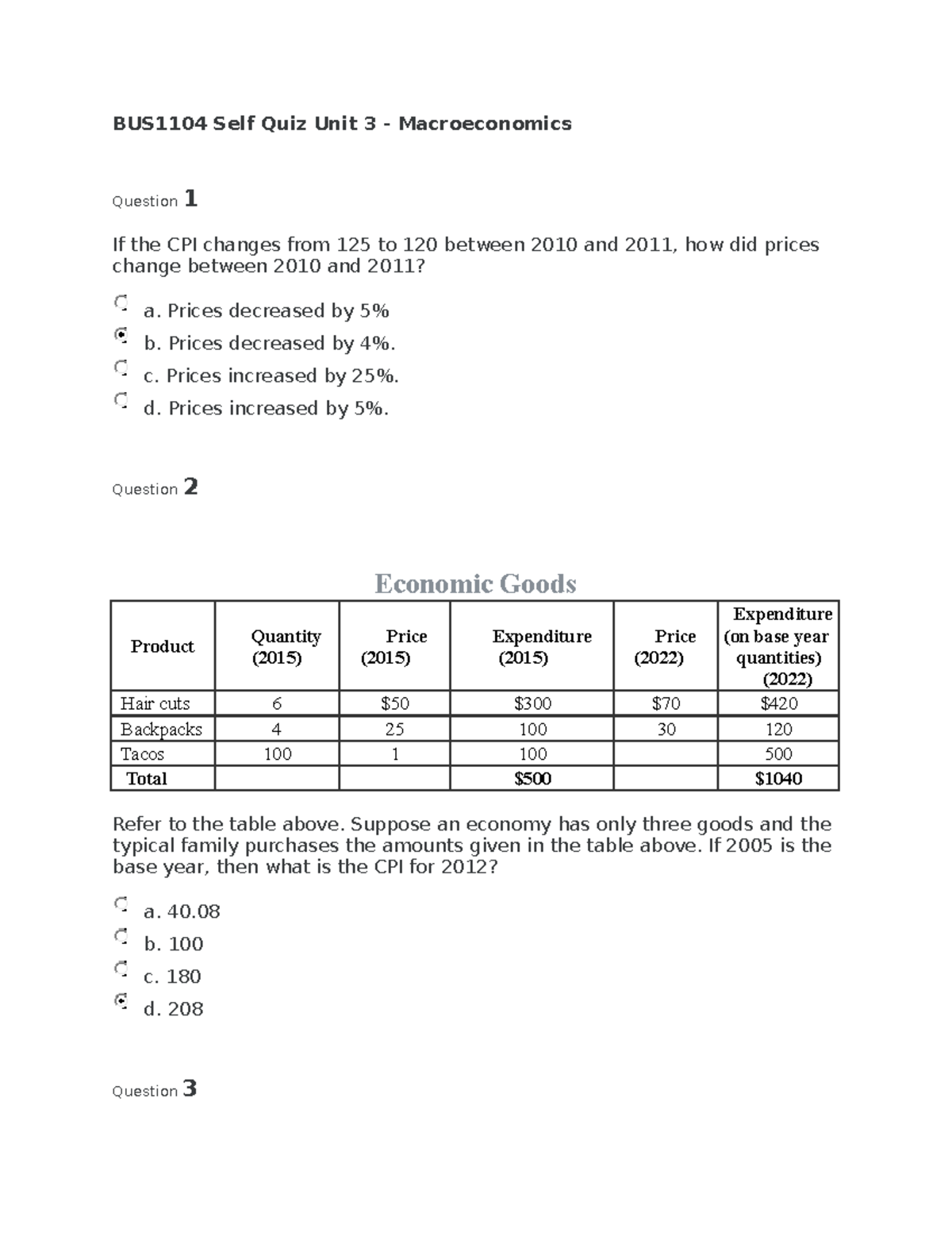 BUS1104 Self Quiz Unit 3 - 3 - Prices decreased b. Prices decreased c ...
